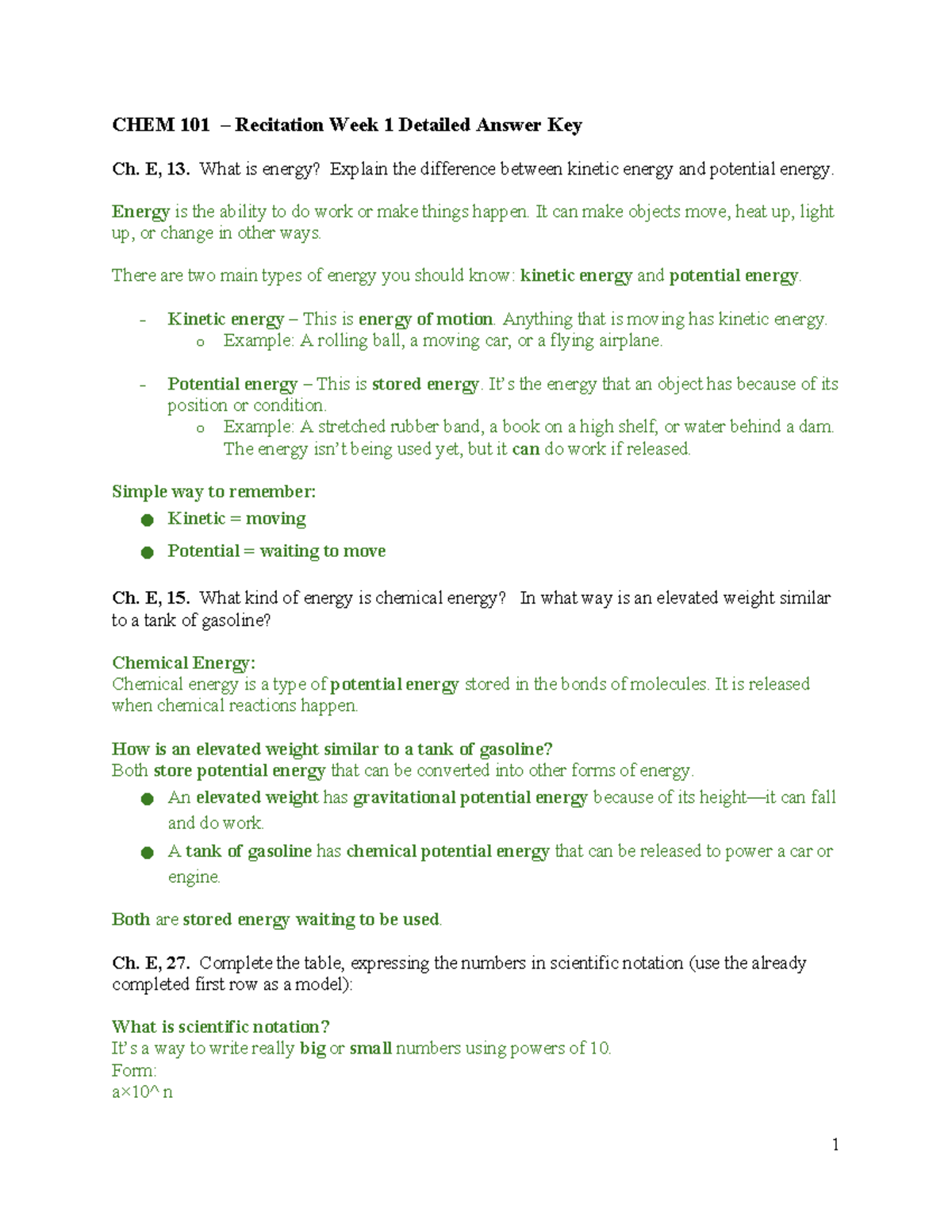 CHEM 101 Recitation Week 1 Answer Key: Energy Concepts & Notation - Studocu