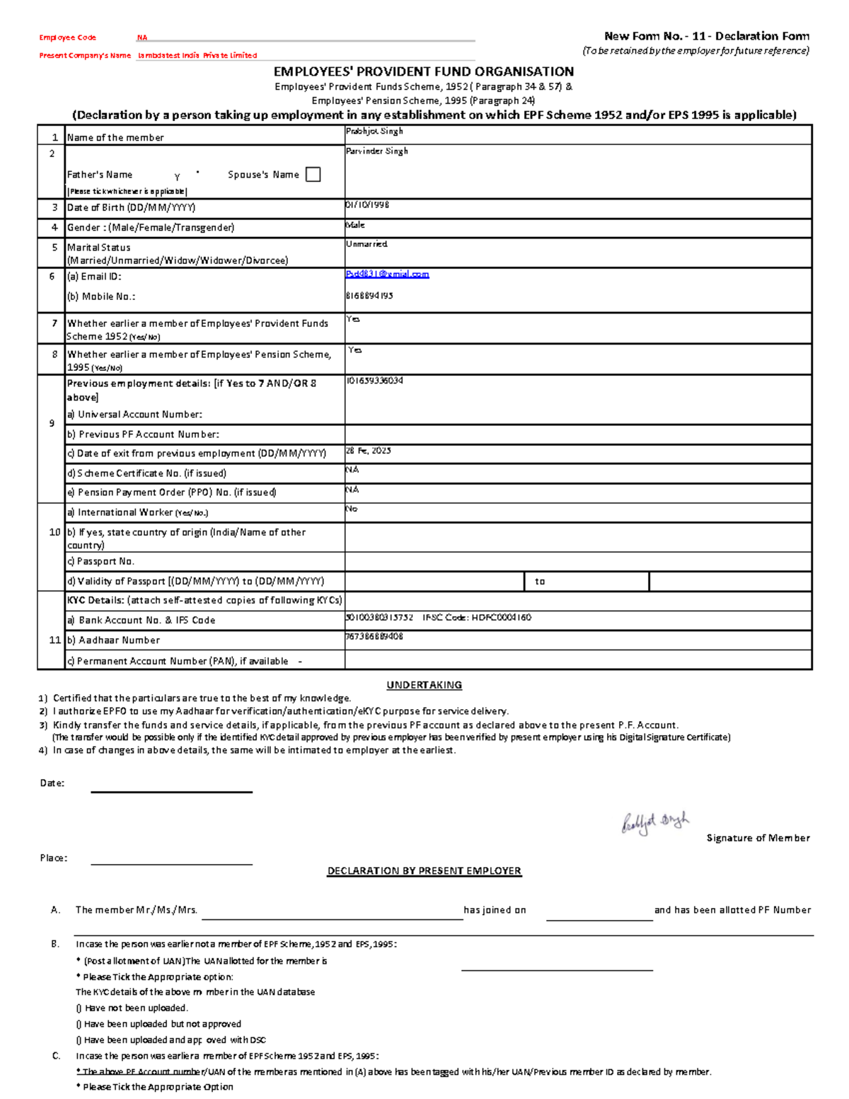 Employee Code Form No. 11 Declaration for Provident Fund Registration ...