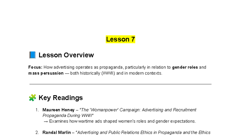 COMS 361 Lesson 7: Advertising as Propaganda and Gender Roles - Studocu