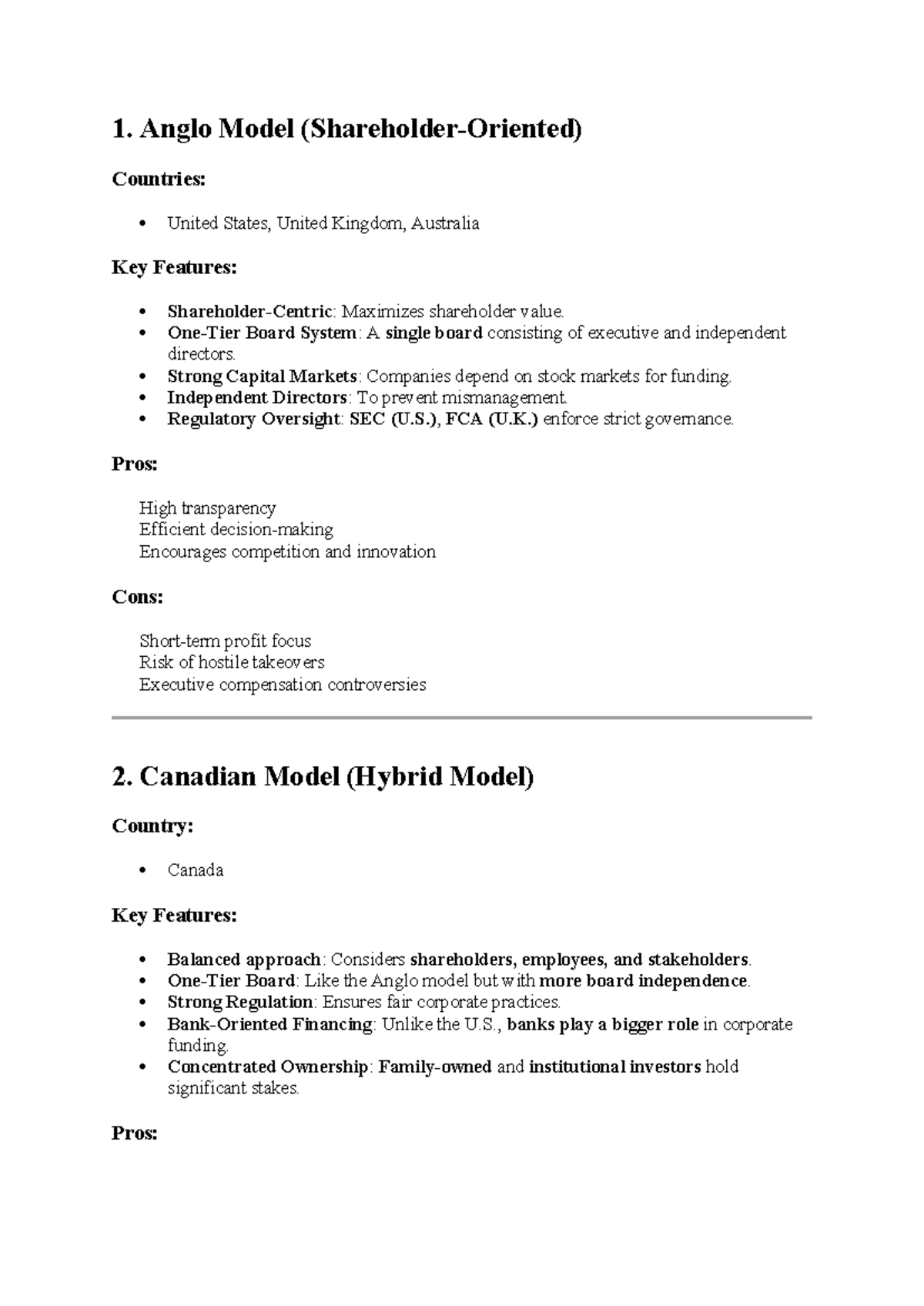 Corporate Models: Key Features of Anglo, Canadian, German, Italian ...