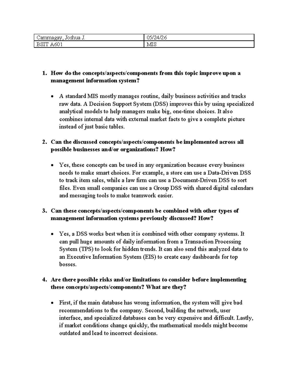MIS 10ACT2 - Enhancing Management Info Systems with DSS Insights - Studocu
