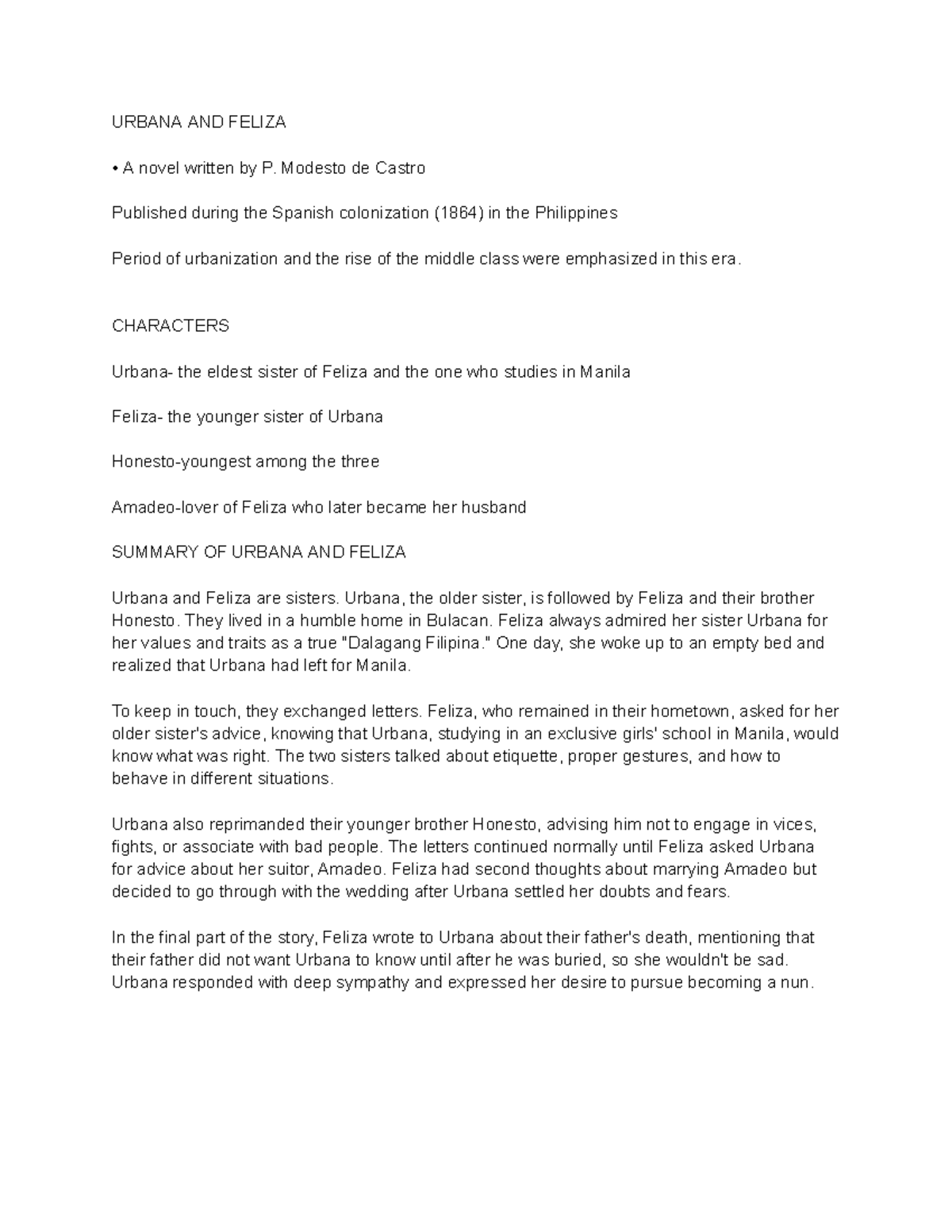 Urbana and Feliza: Analysis of P. Modesto de Castro's Novel - Studocu