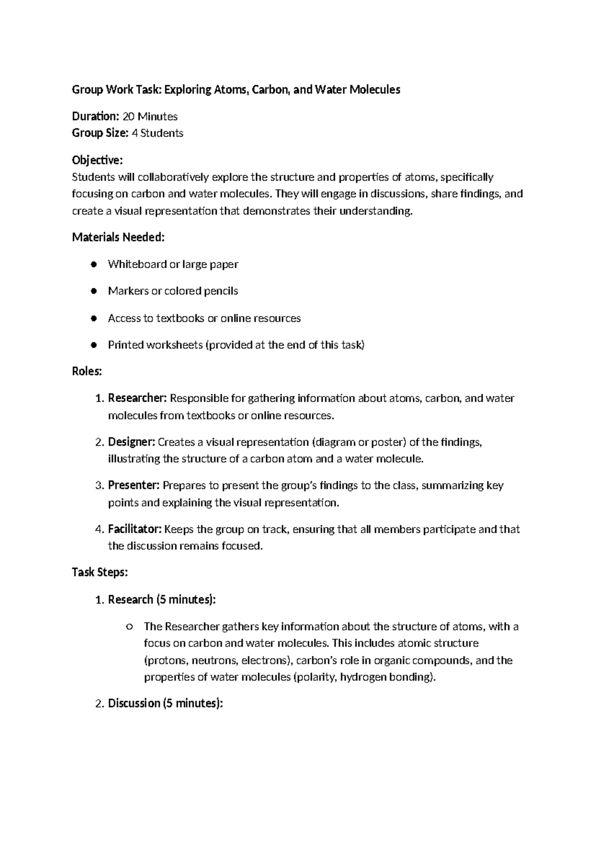 Activity Lecture 2: Group Task on Atoms, Carbon & Water Molecules - Studocu