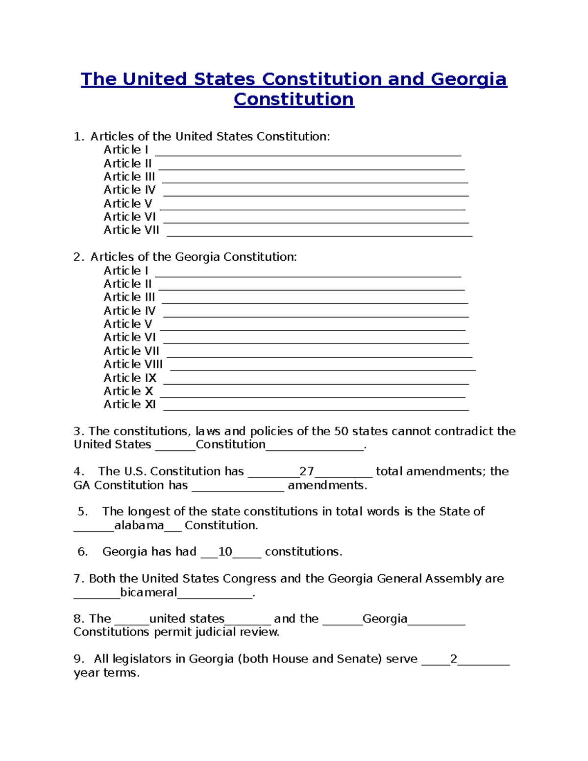 US & GA Constitution Comparison Sheet: Key Articles & Insights - Studocu