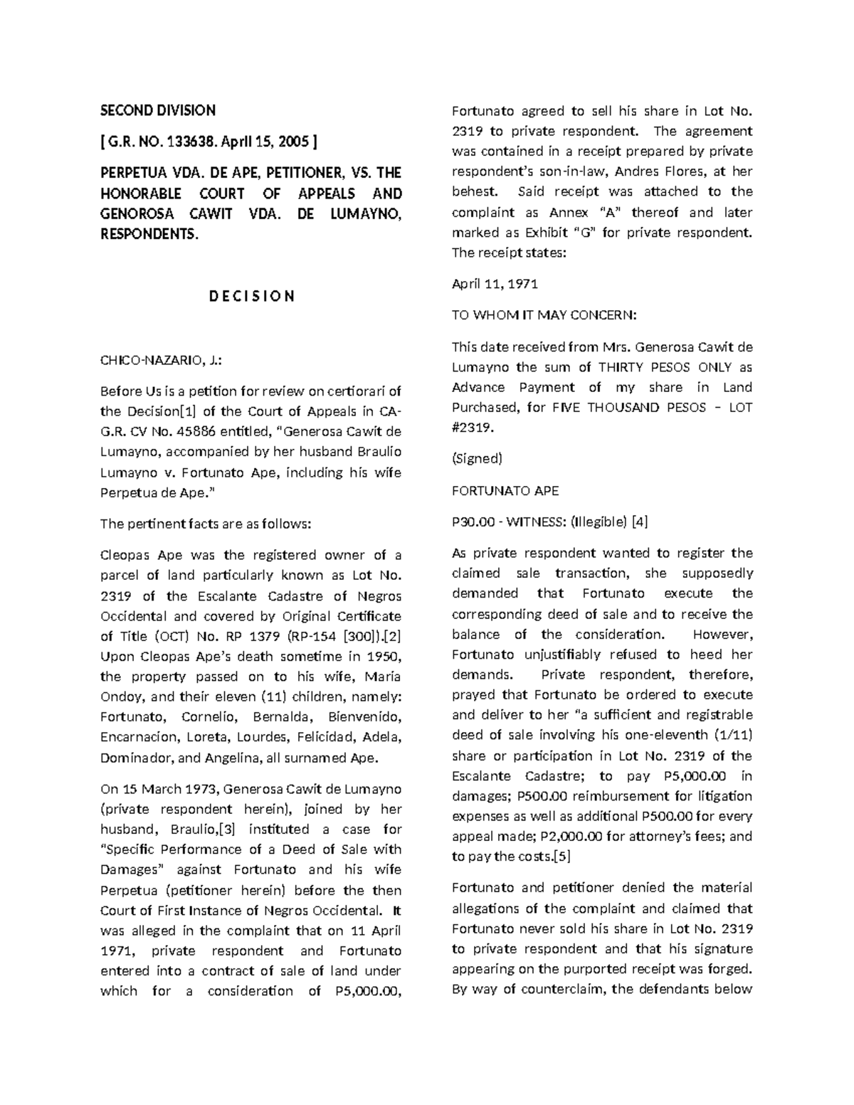 De Ape v. COA: Review of G.R. No. 133638 Decision on Lot No. 2319 - Studocu
