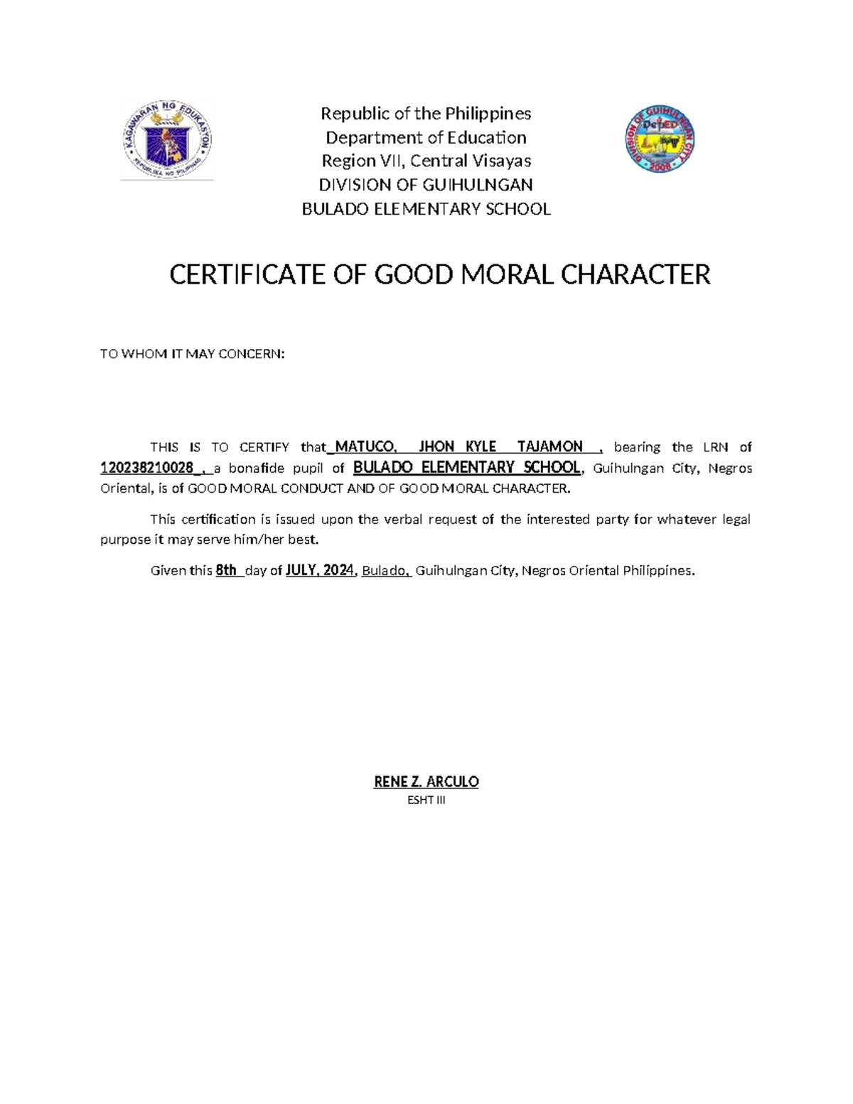 Sample Good Moral form of Bulado Elementary School for SY 2023-2024 ...