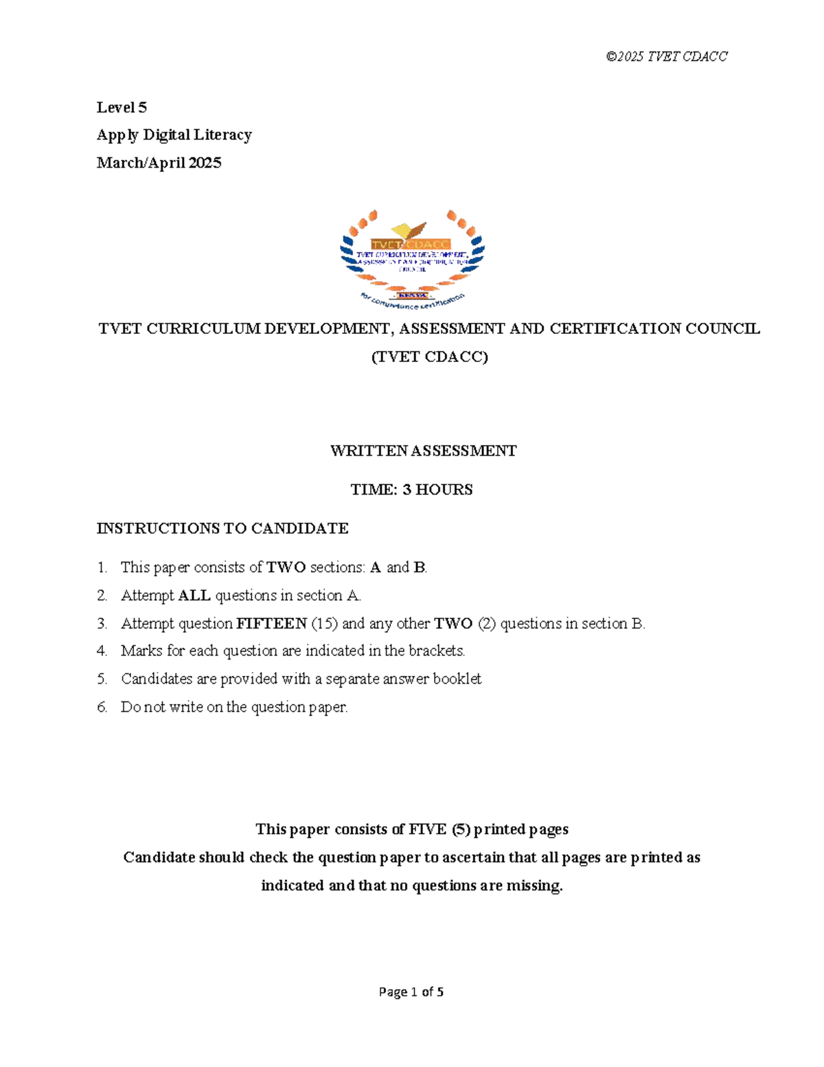 Level 5 TVET CDACC Written Assessment: Apply Digital Literacy 2025 ...