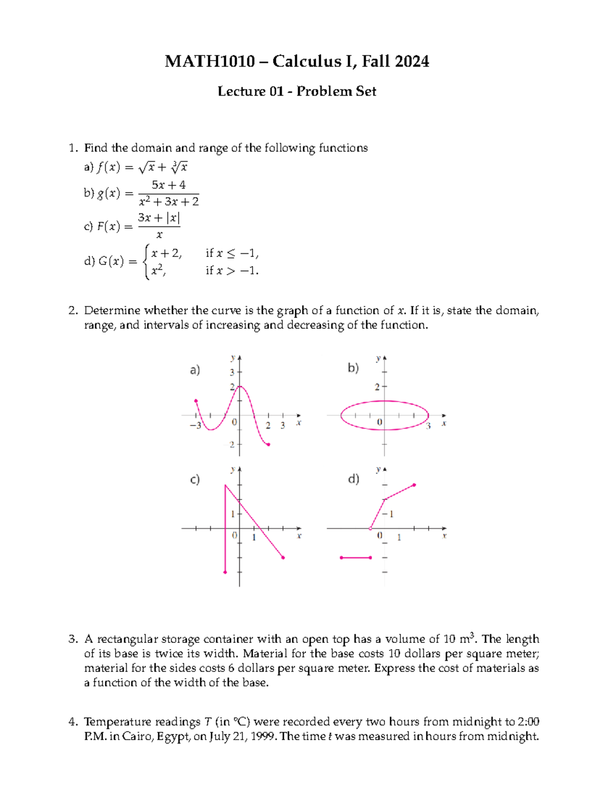MATH1010 - Calculus I Lecture 01 Problem Set for Practice - Studocu