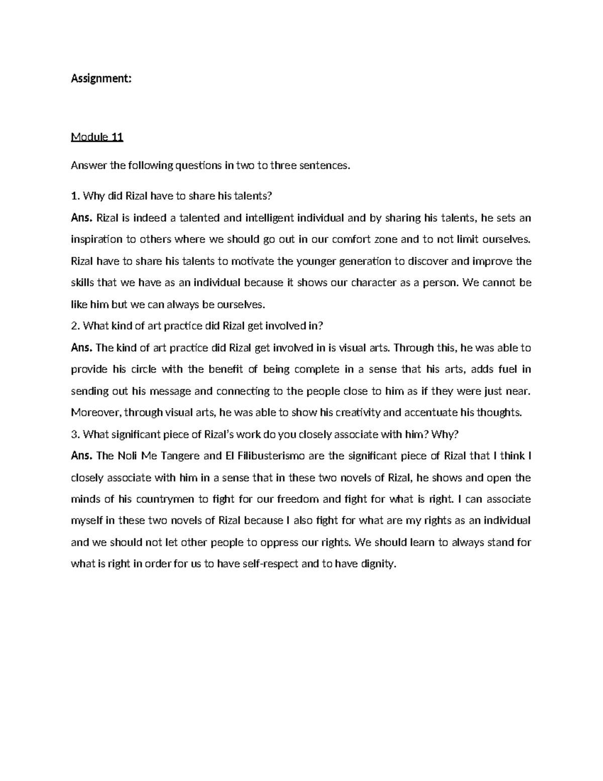 Rizal Assignment: Module 11 Reflections on His Talents and Art - Studocu