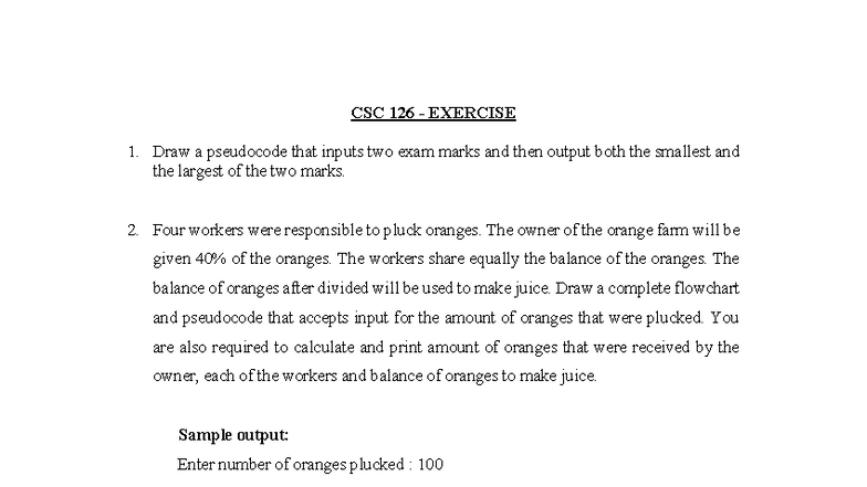 CSC 126 EXERCISE 1: Pseudocode for Marks & Oranges Calculation - Studocu