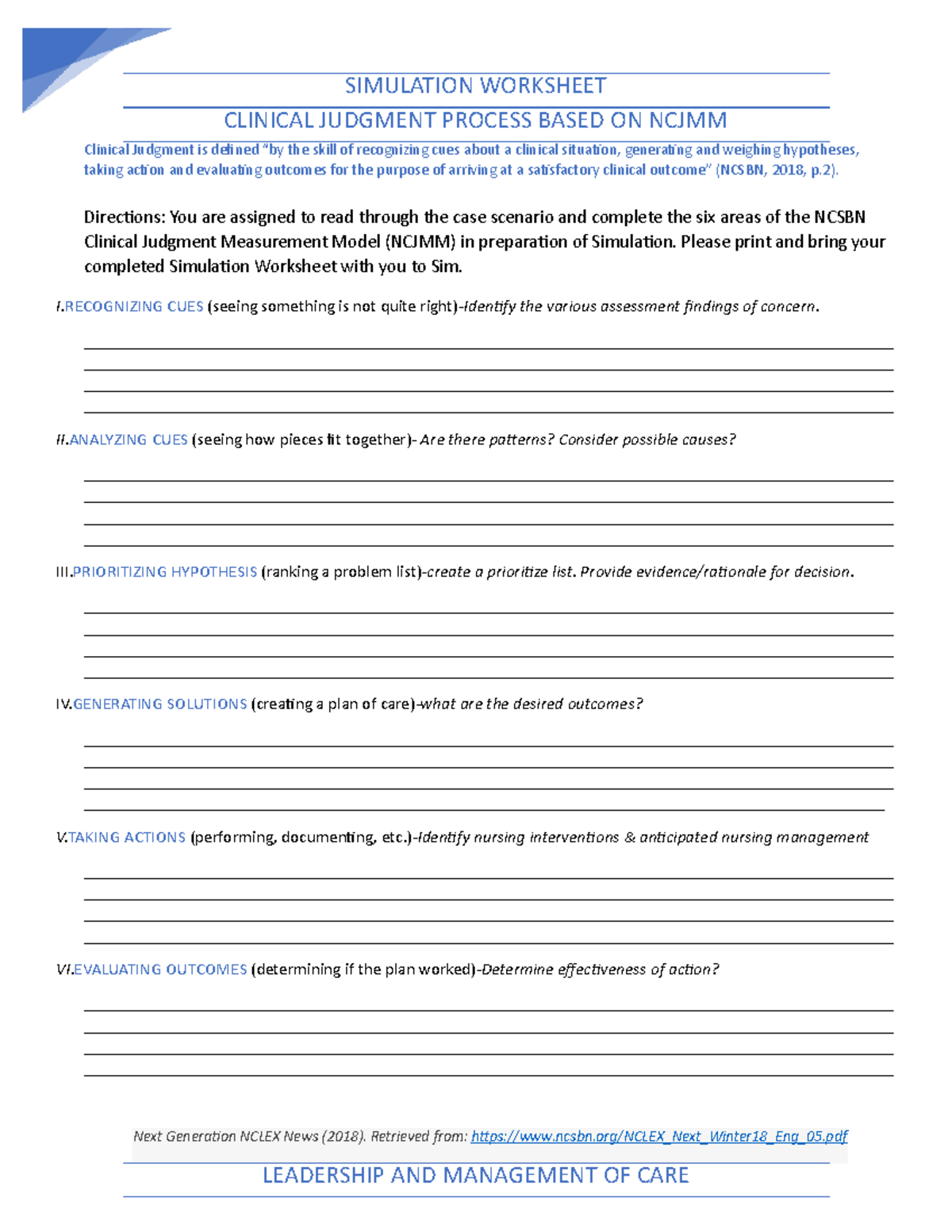 NCJMM Simulation Worksheet: Clinical Judgment Process Guide - Studocu