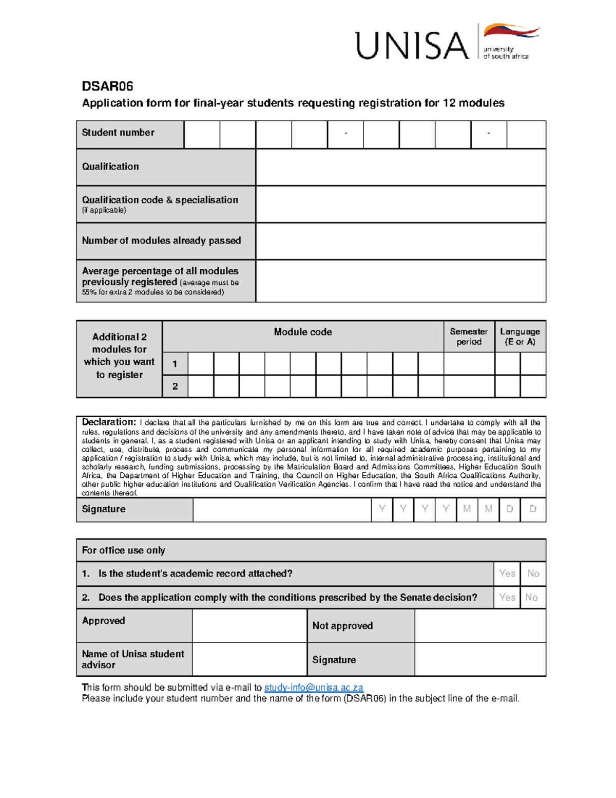 Unisa-DSAR06-form - Mandatory for module extension - DSAR Application ...