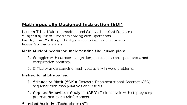 Math SDI Lesson Plan for Emma: Multistep Addition & Subtraction - Studocu
