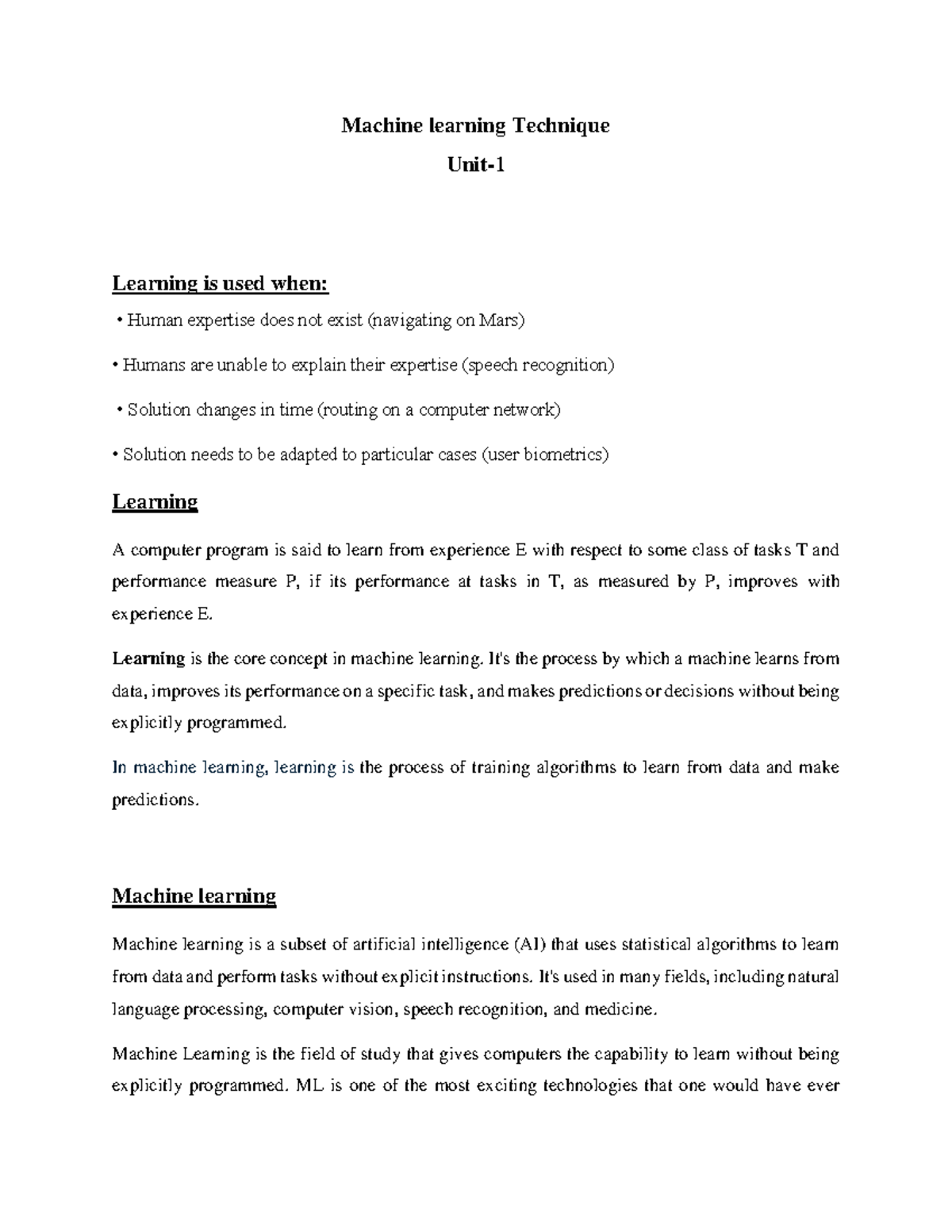 ML - Machine Learning Unit 1 Study Notes and Techniques - Studocu