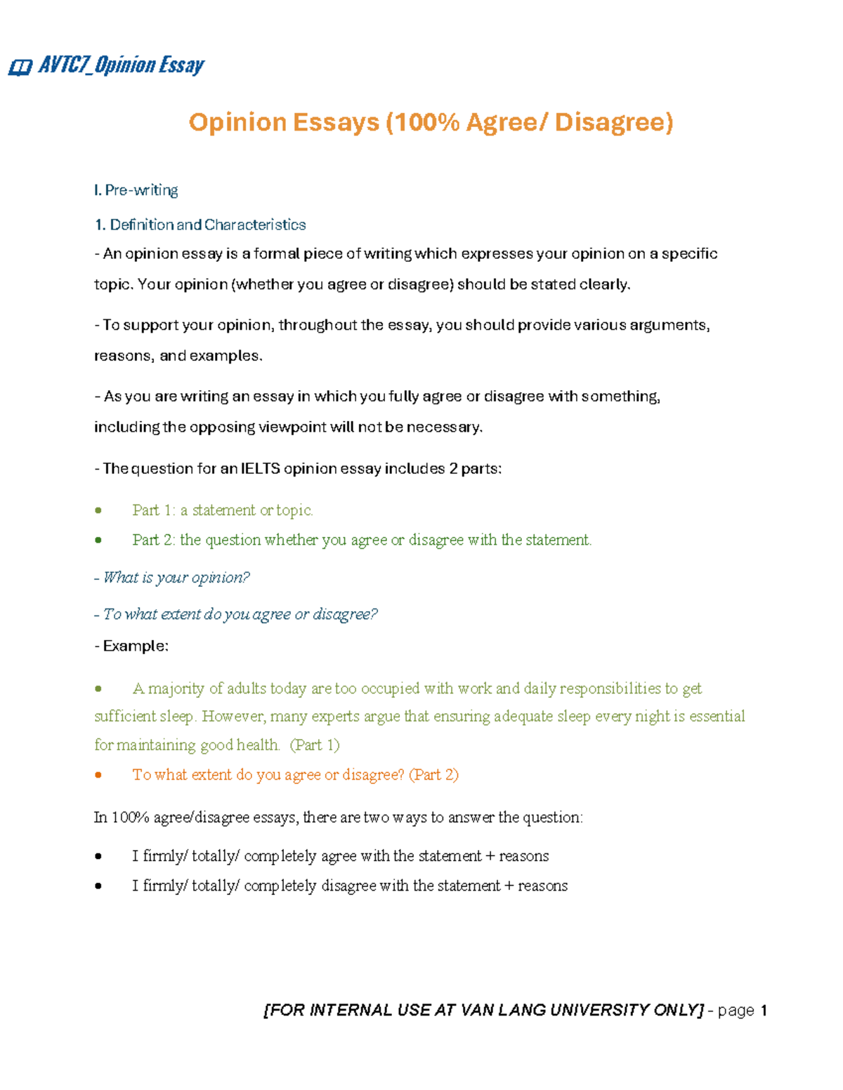 AVTC7 - Lesson 6 - Task 2 - Opinion essay - Before class - Opinion ...