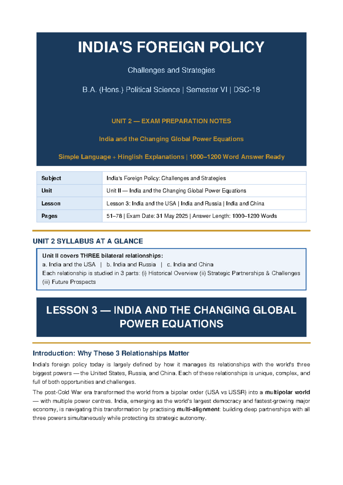 B.A. (Hons.) Political Science Semester VI: Unit 2 Foreign Policy Exam ...