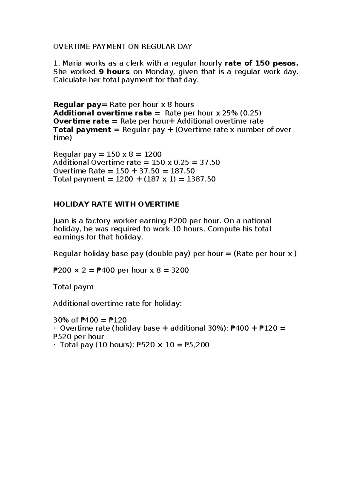 Overtime Payment Calculations for Regular Work Days and Holidays - Studocu