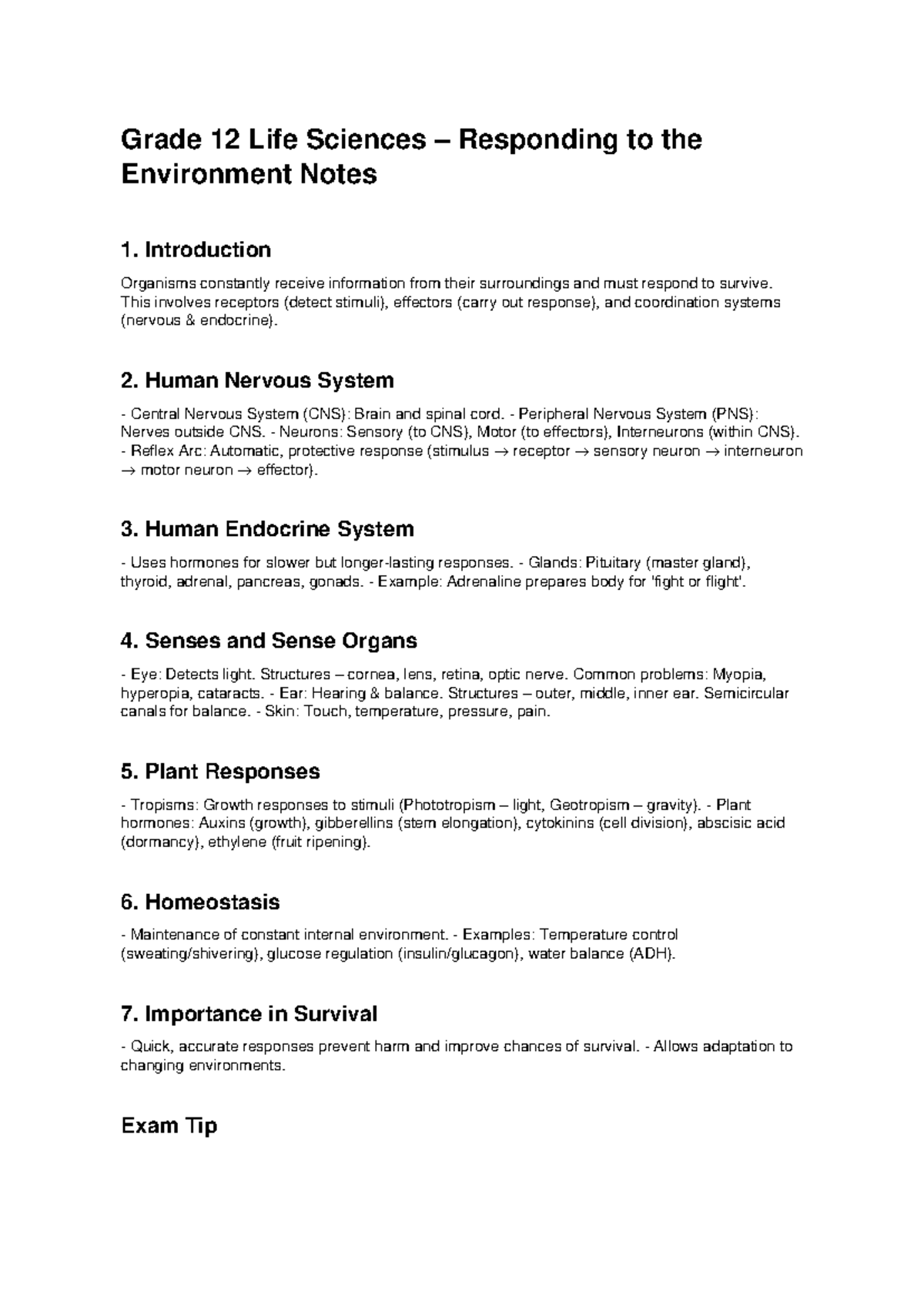 Grade 12 Life Sciences: Responding to the Environment Notes - Studocu