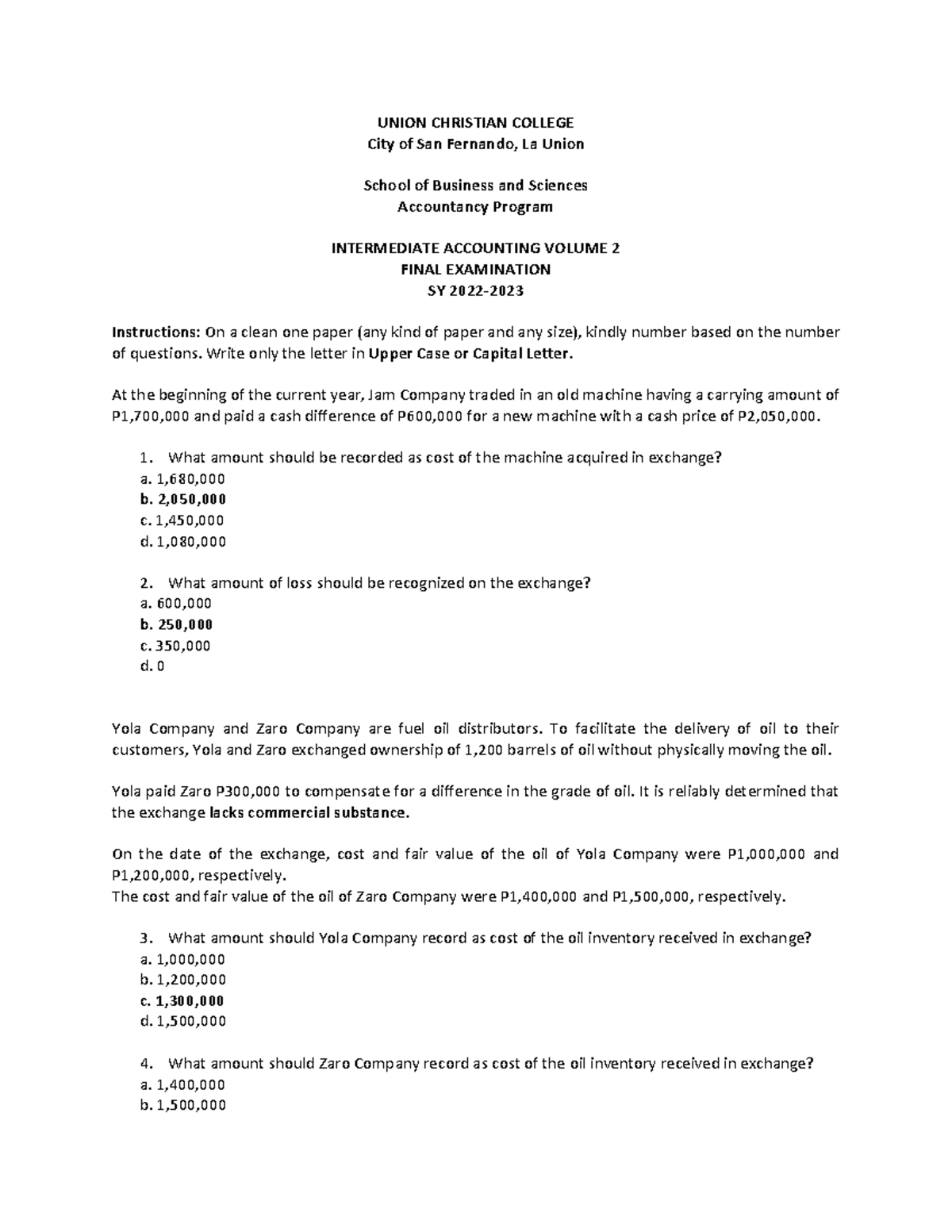 Final Exam INTRMED ACCT VOLUME 2 SY 2022-2023 with Answer Key - Studocu