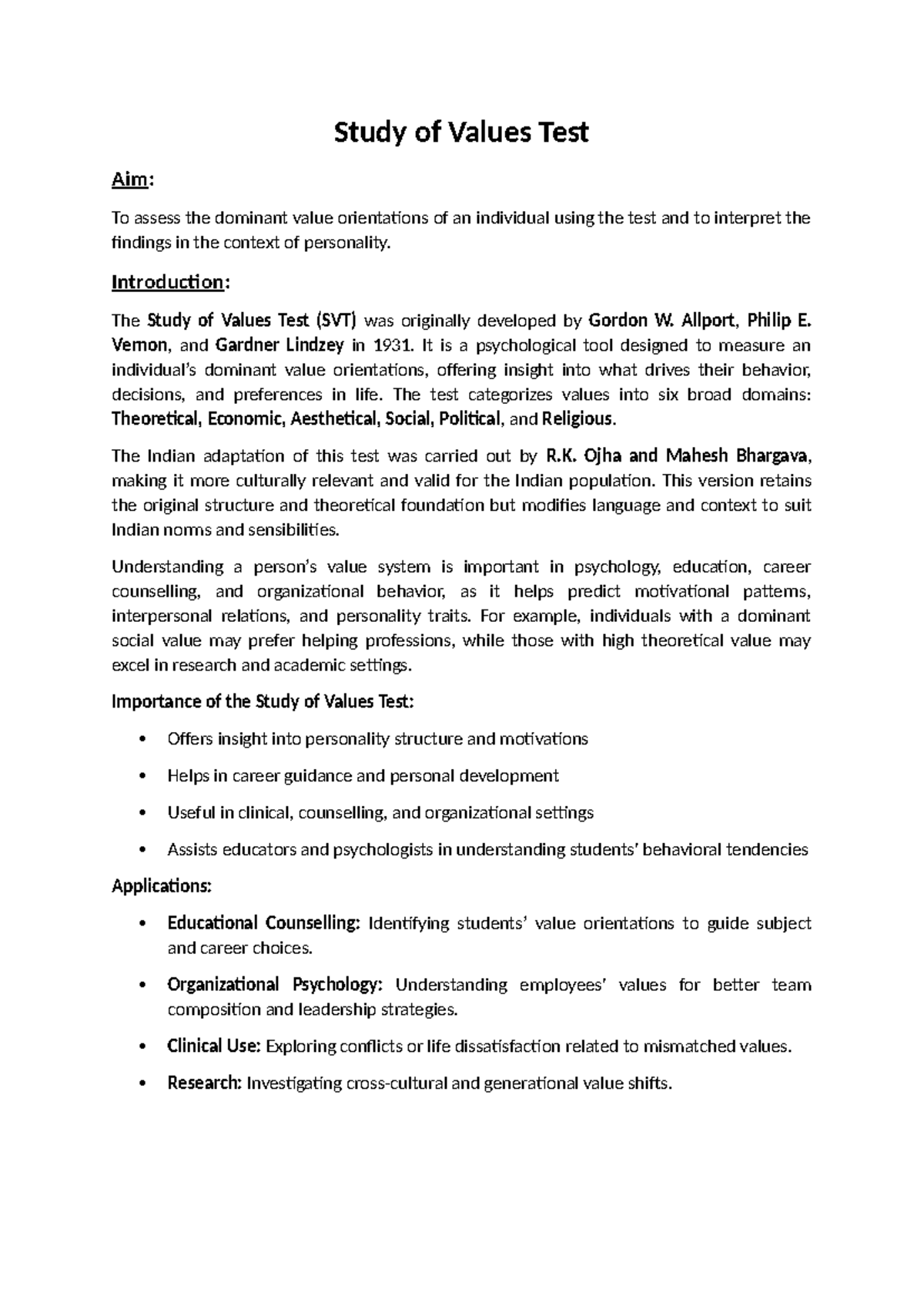 Study of Values Test (PSY 5) - Insights into Personality and Values ...