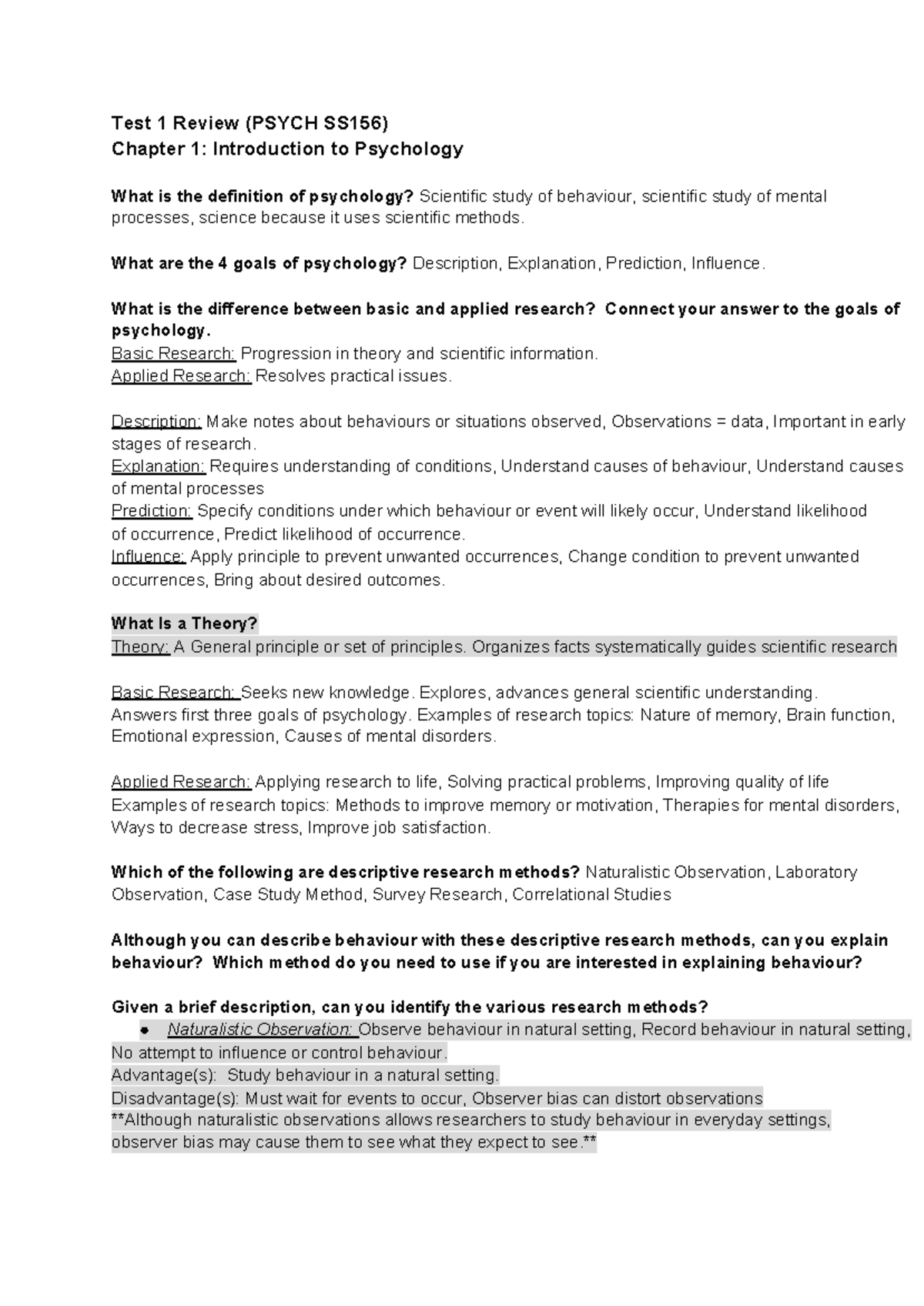 Introduction to Psychology - PSYCH SS156 - Test 1 Review (PSYCH SS156 ...