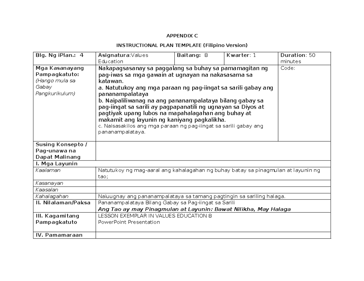APPENDIX C: INSTRUCTIONAL PLAN TEMPLATE for Values Ed 8 (Filipino ...