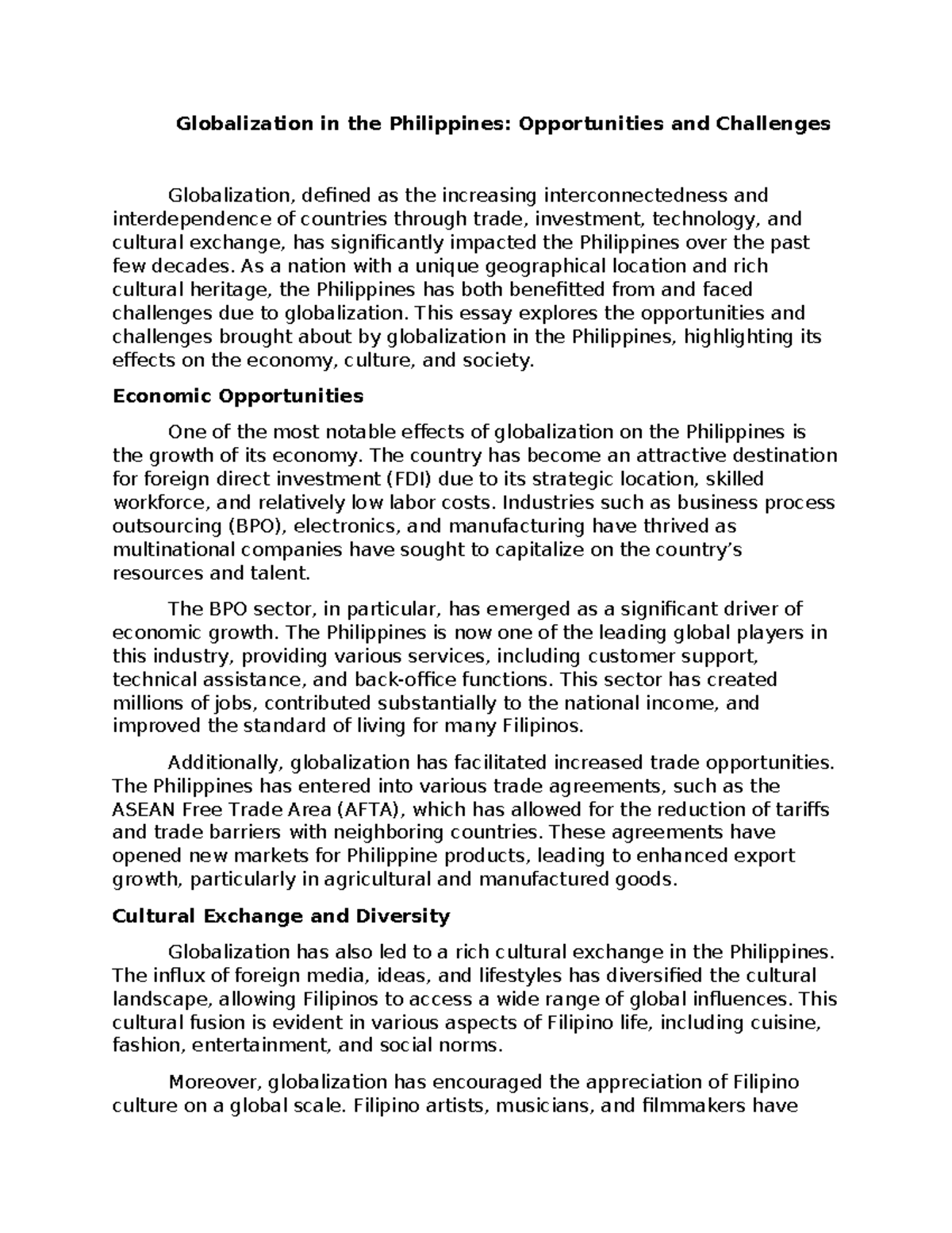 Globalization in the Philippines: Examining Opportunities & Challenges ...