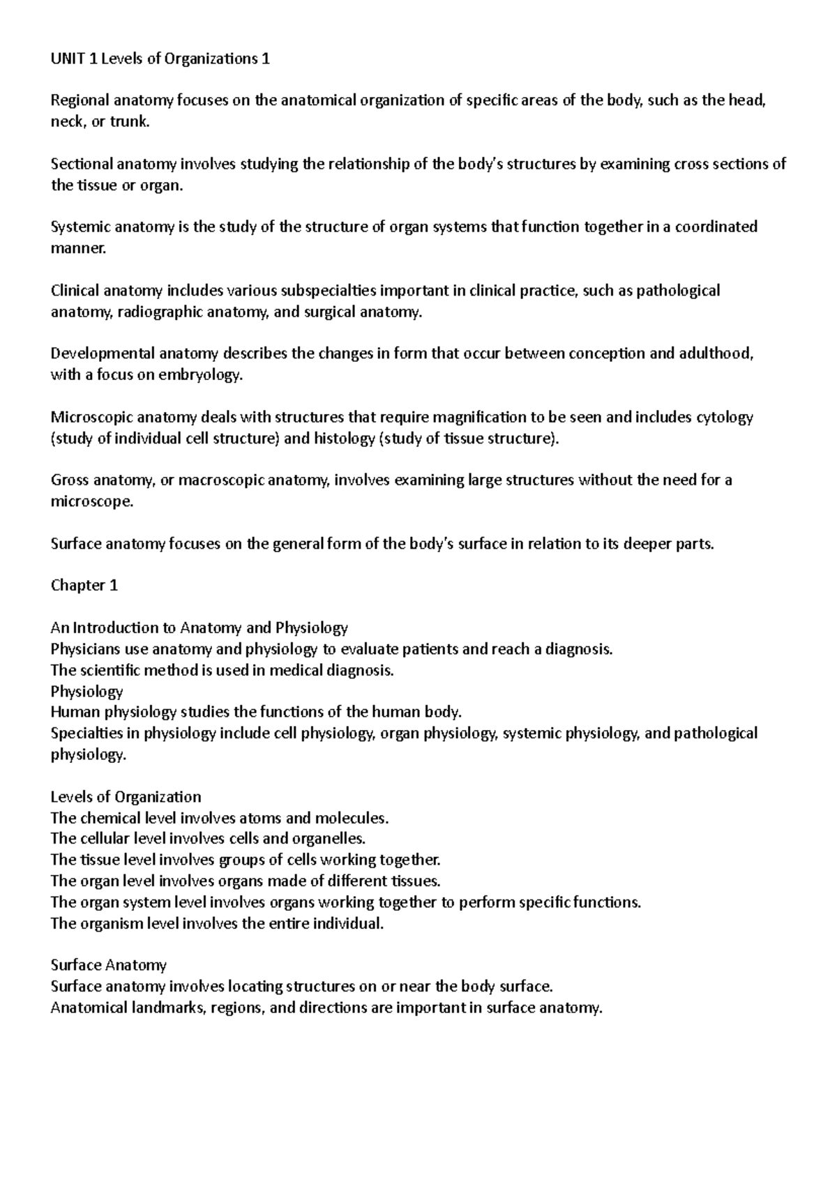 Unit 1: Levels of Organization in Anatomy and Physiology - Studocu