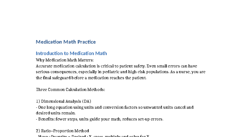 Medication Math Practice Sheet: Essential Calculations for Nurses - Studocu