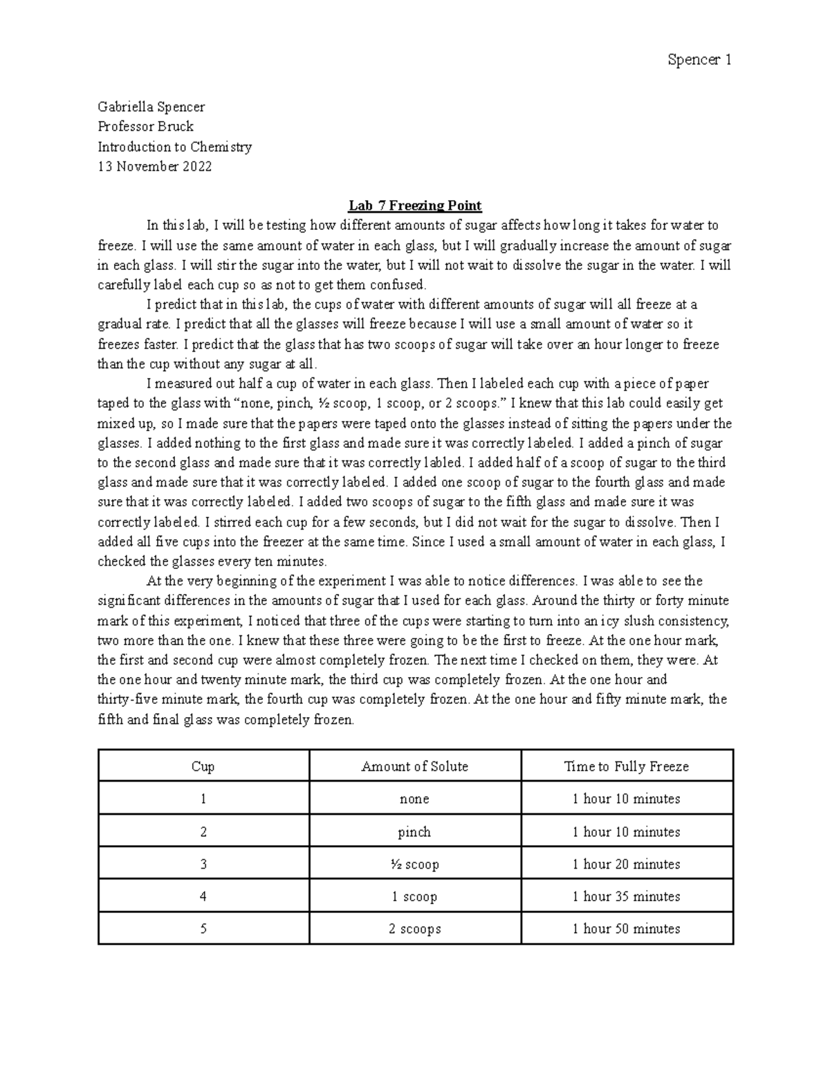 Lab 7 Freezing Point - Lab Report - Spencer 1 Gabriella Spencer ...