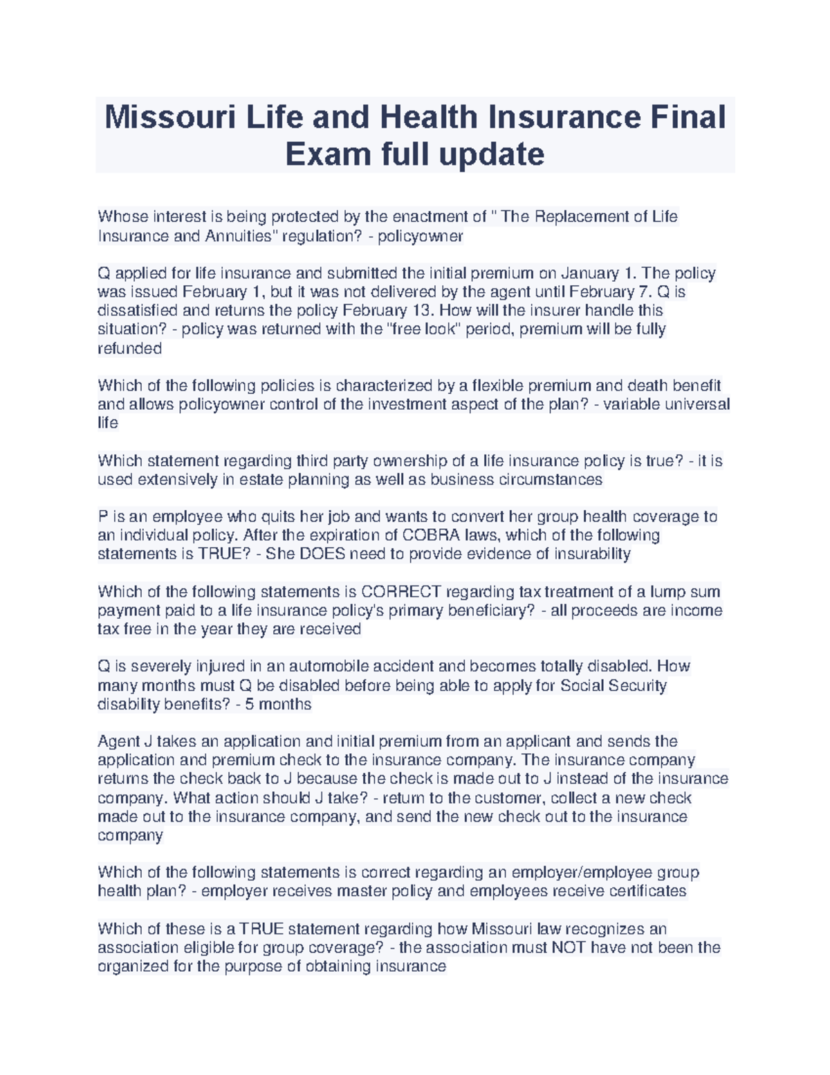 Missouri Life and Health Insurance Final Exam Study Guide (Full Update ...