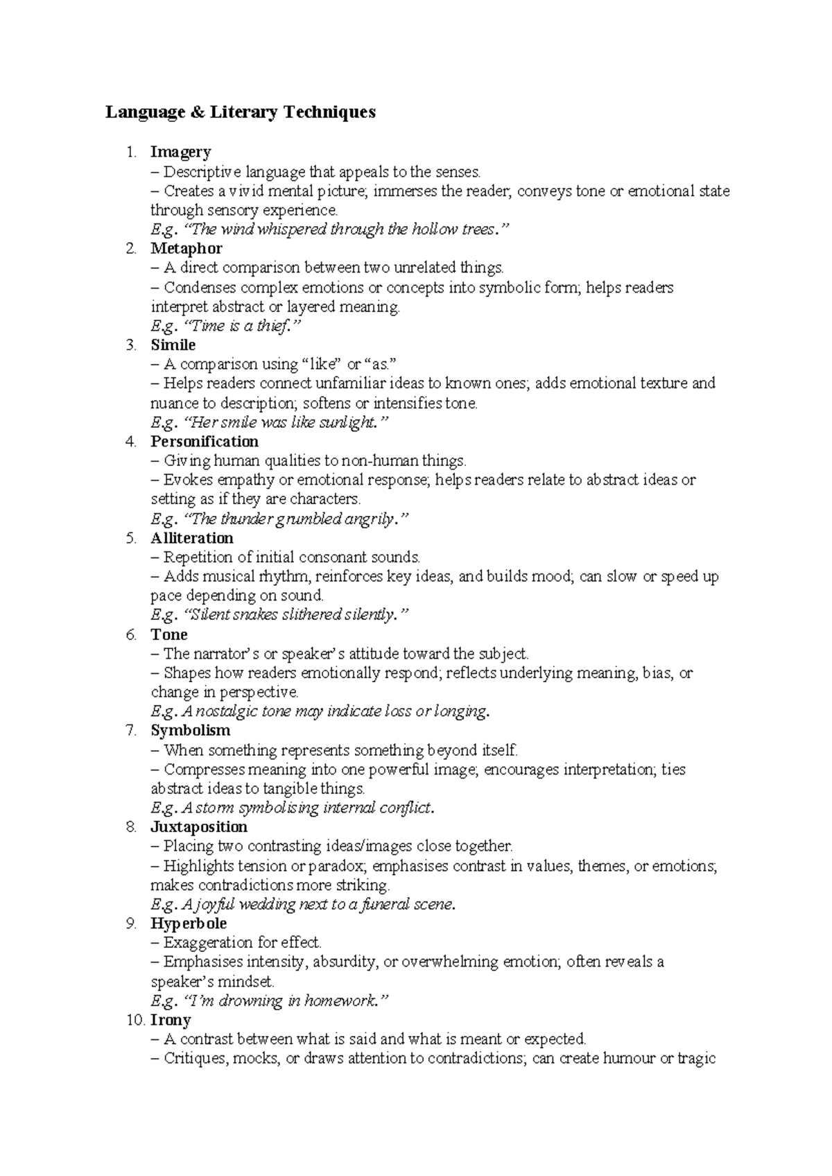Language Literary Techniques: Imagery, Metaphor, Simile, and More - Studocu