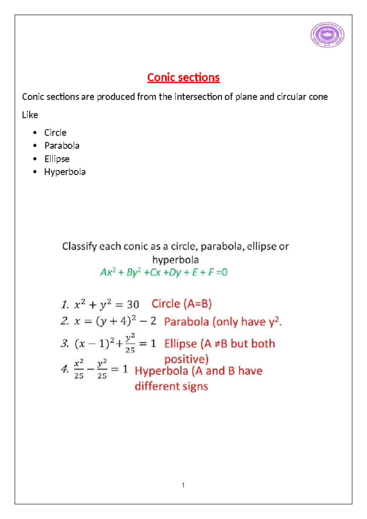 Conic Sections Review G11 Q4 - Key Concepts & Problem Solving - Studocu