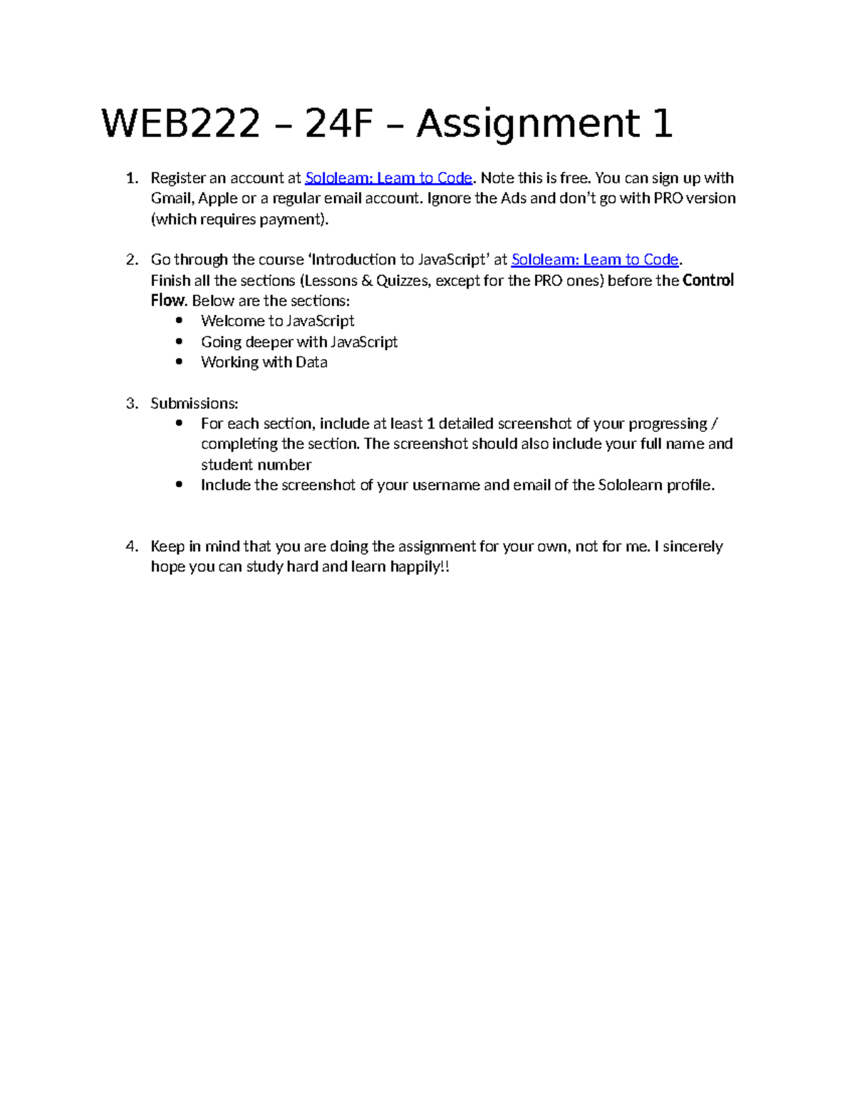 WEB222-24F-A1 - JavaScript Course Assignment 1 Instructions - Studocu