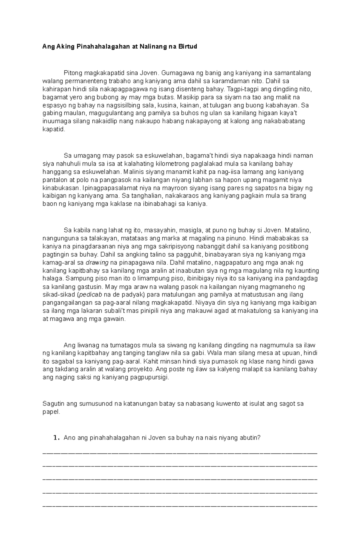 Activity Sheet - Values Education Grade 7: Joven's Story Analysis - Studocu