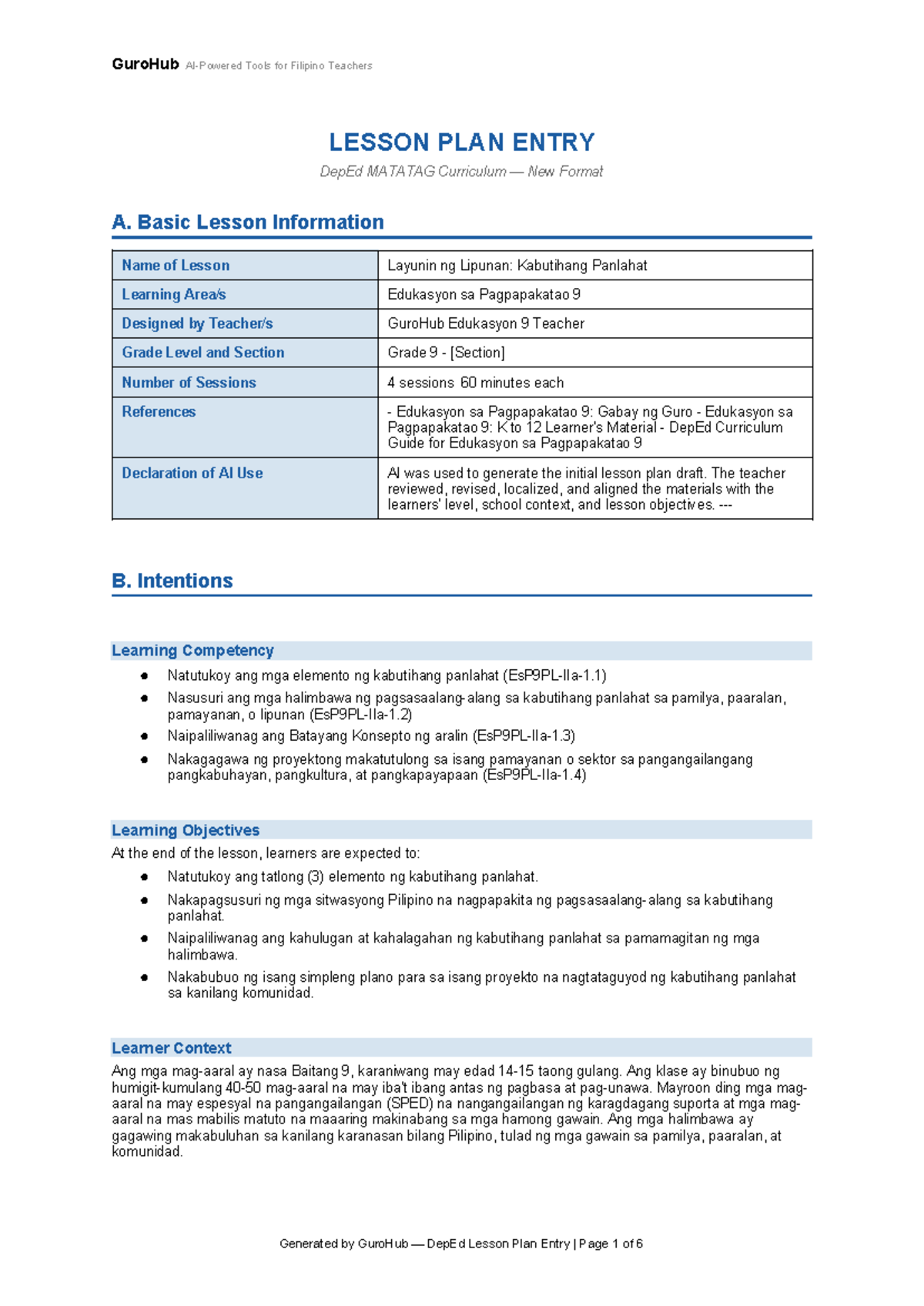 LP ILAW - Lesson Plan on Kabutihang Panlahat for Grade 9 (4 Sessions ...