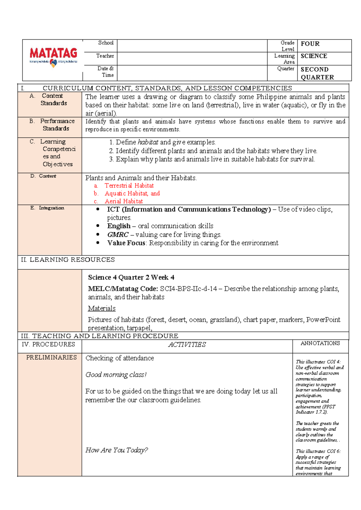 Lesson Plan: Science 4 - Quarter 2, Week 4 with Annotations - Studocu
