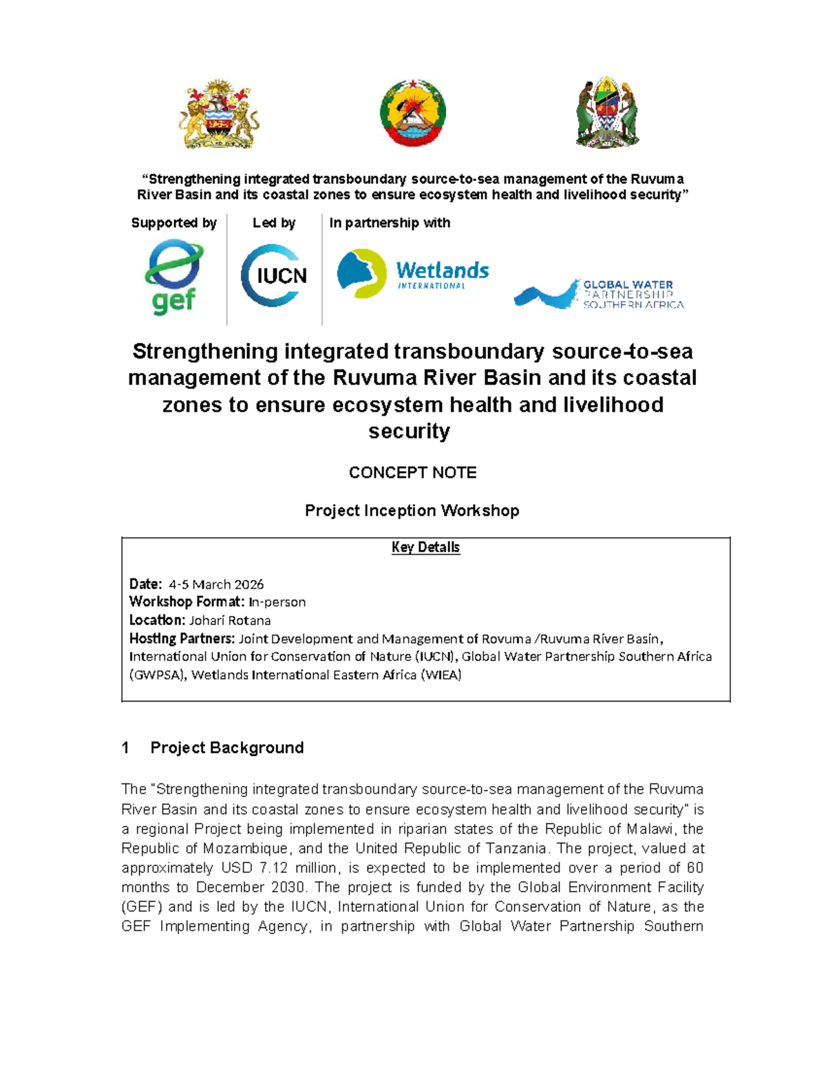 Ruvuma River Basin Integrated Management Inception Workshop Agenda (Mar ...