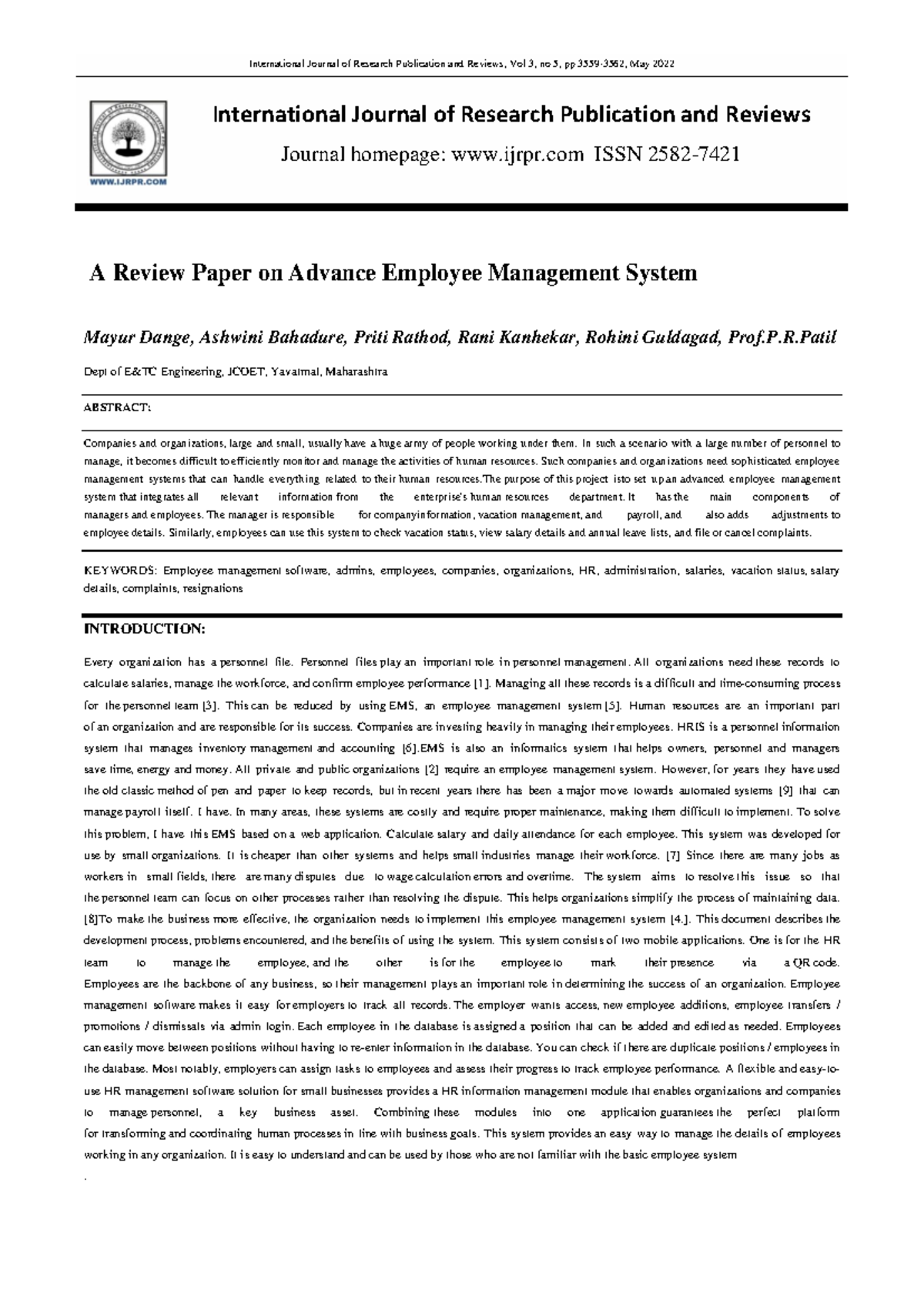 Ijrpr 4380 - It is literature review of employee management system ...