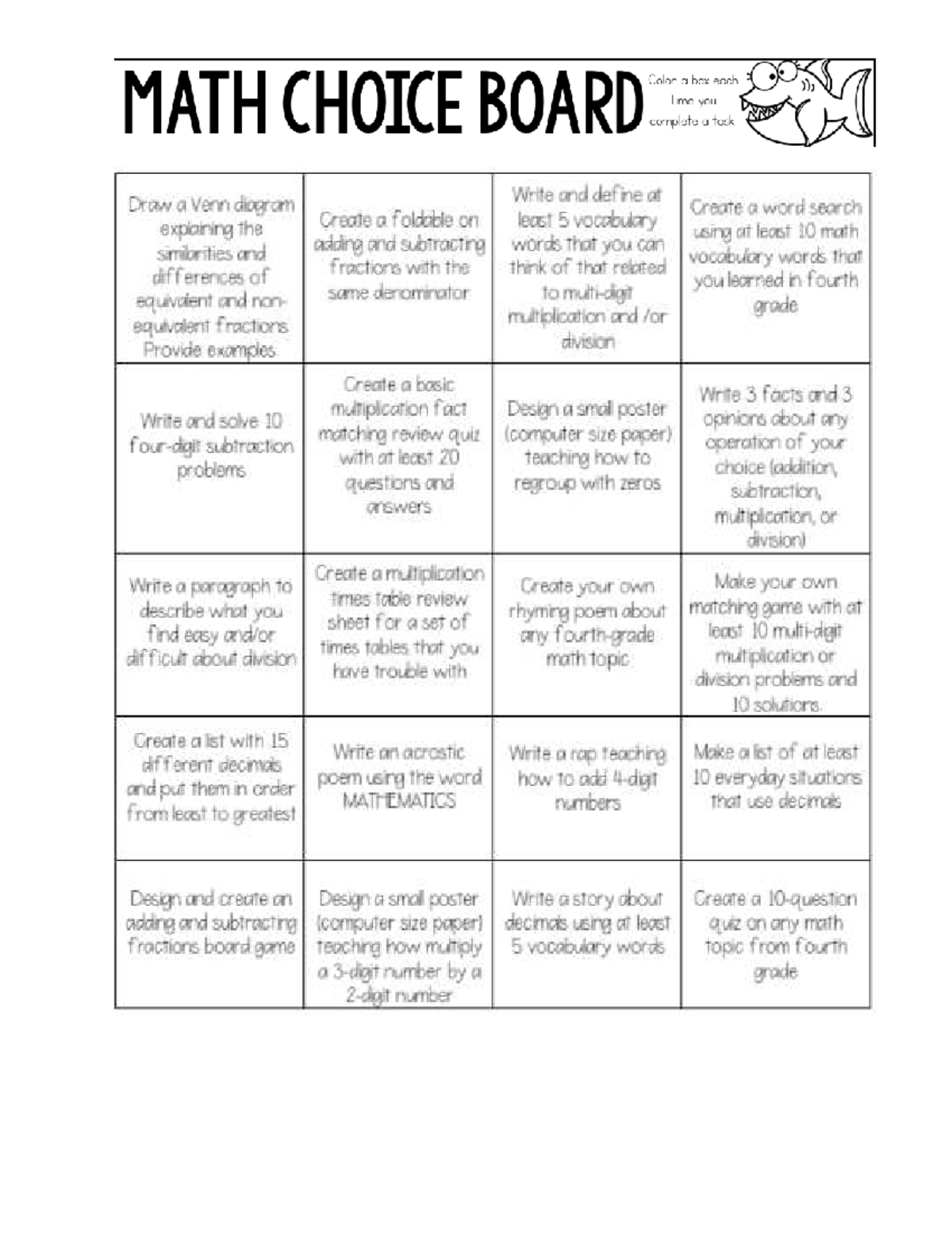 Grade 5 Summer Math Choice Board Activities - Studocu