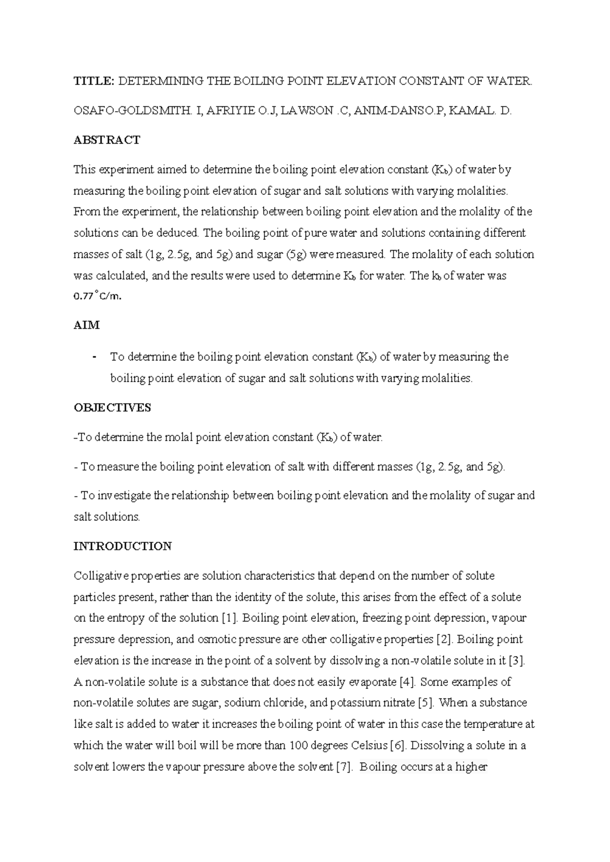 Practical LAB - Report 5: Kb of Water from Boiling Point Elevation ...