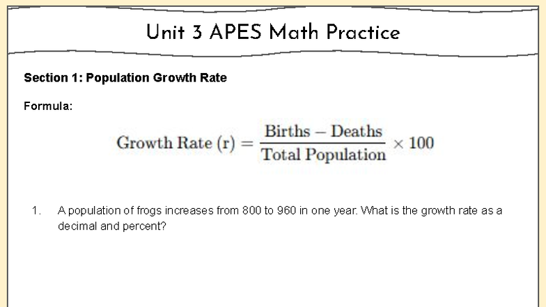 Unit 3 APES Math Practice: Population Growth & Change - Studocu