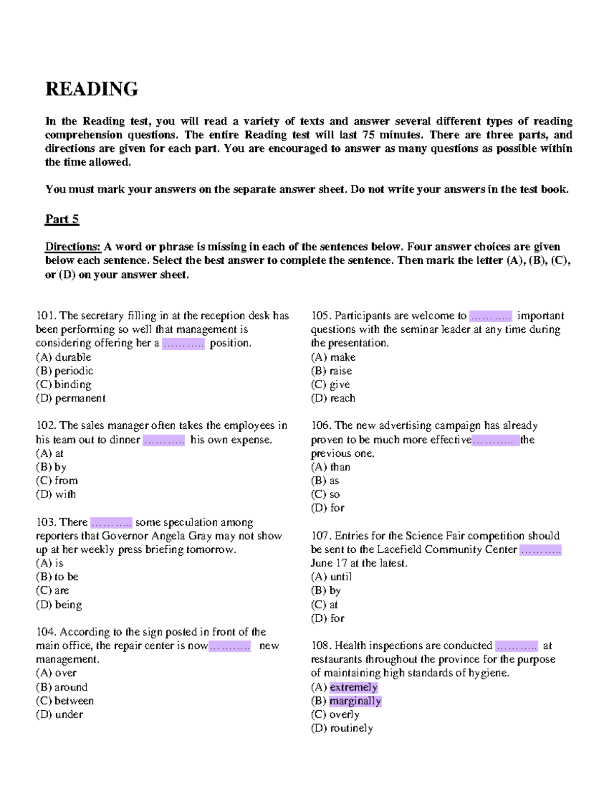 TOEIC Reading Test Guidelines and Sample Questions - Studocu