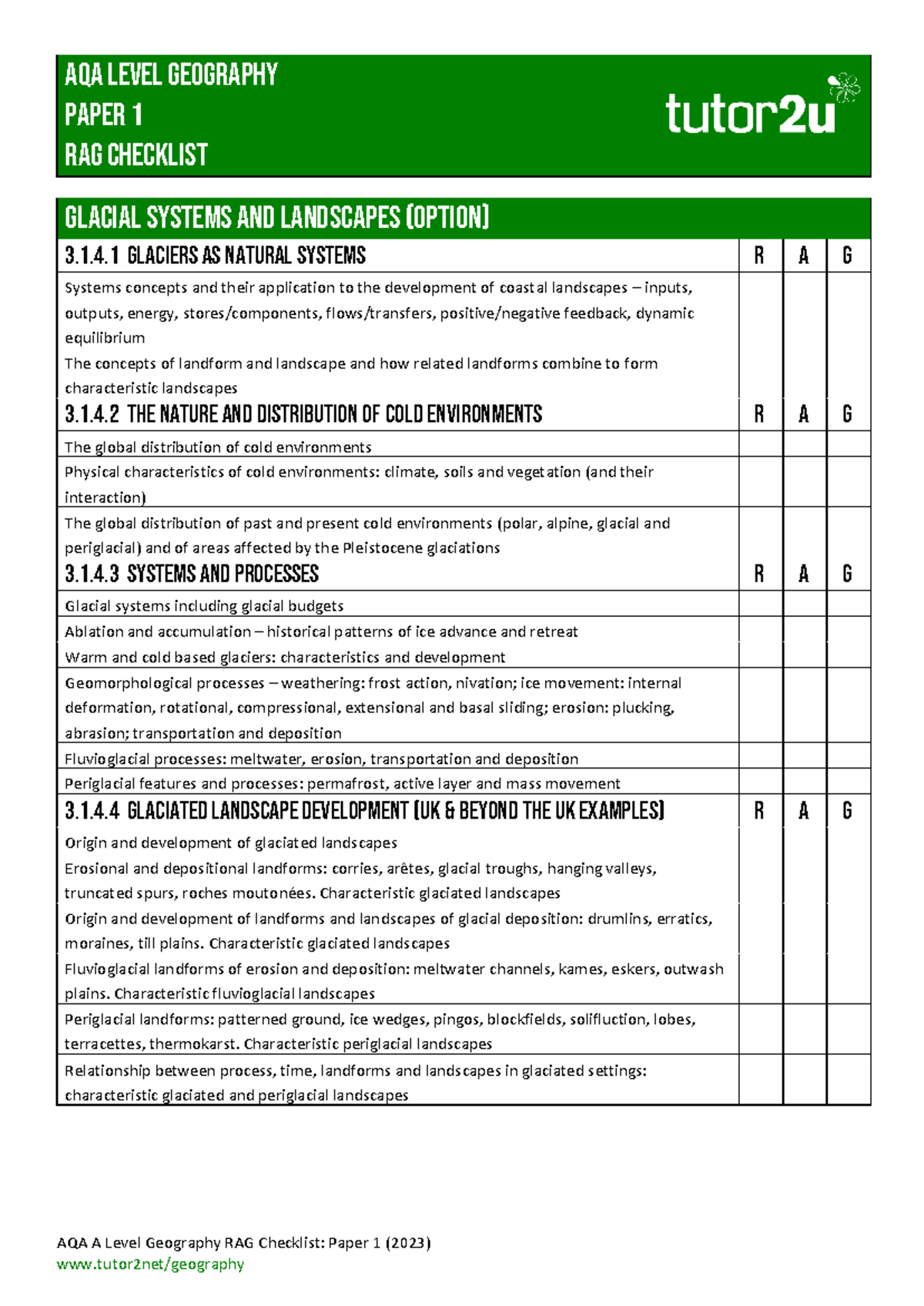 AQA A Level Geography RAG Checklist: Paper 1 Glacial Systems ...