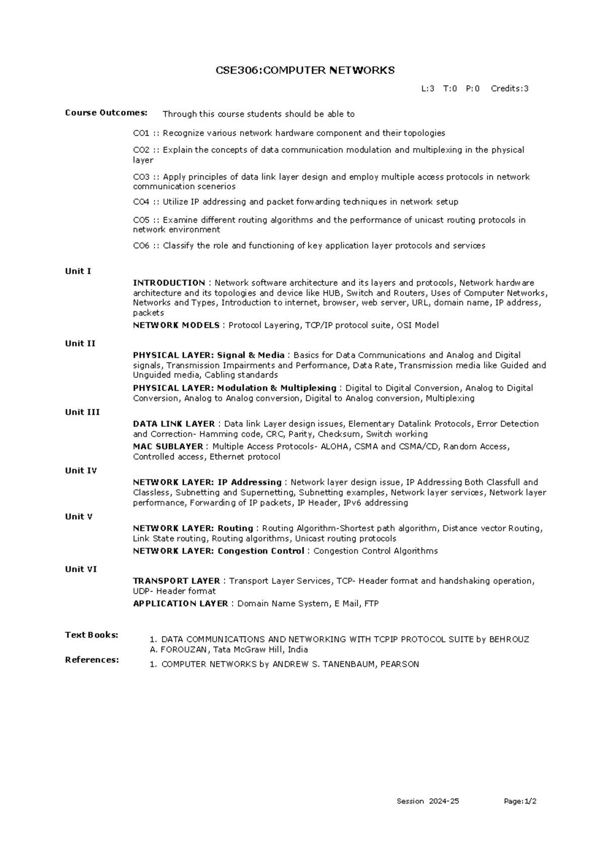 CSE306 - Computer Networks Syllabus Overview and Course Outcomes 2024 ...