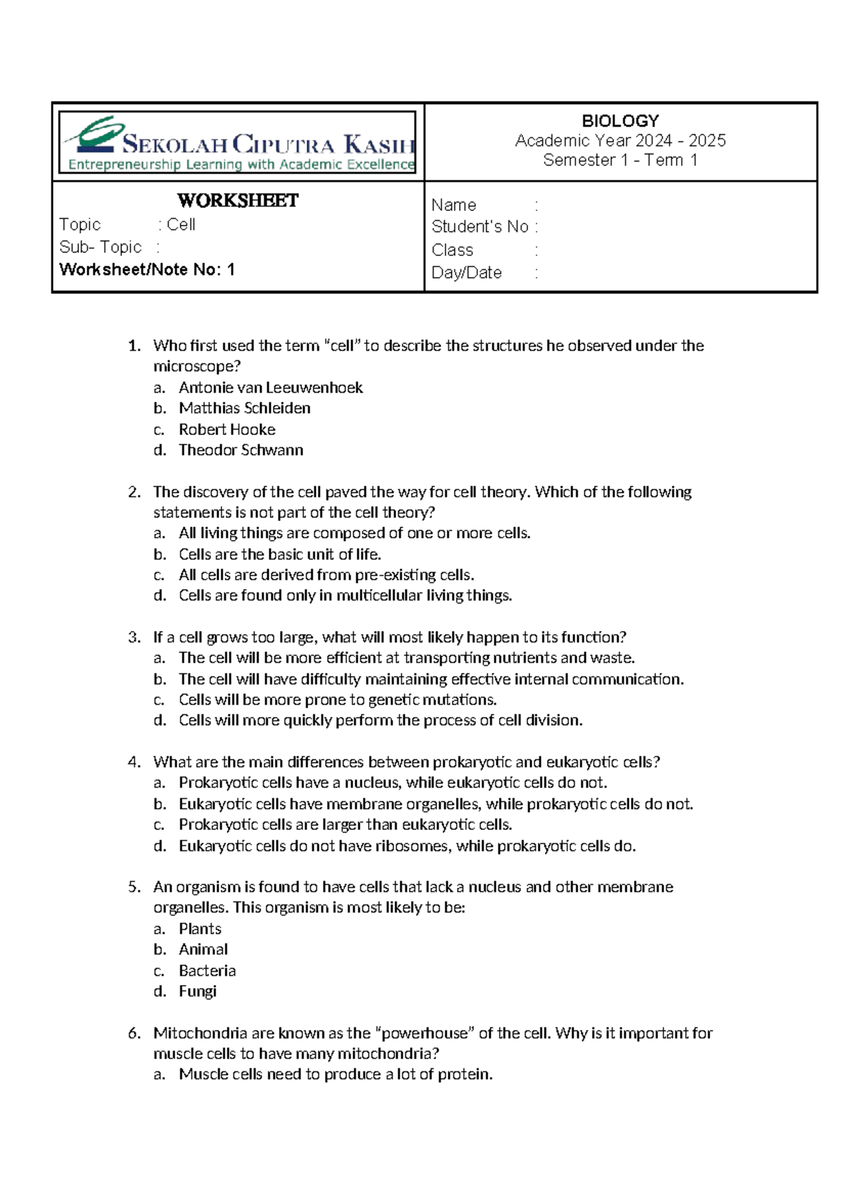 BIOLOGY 2024-2025 Sem 1 Term 1 Worksheet: Cell Structure & Theory - Studocu