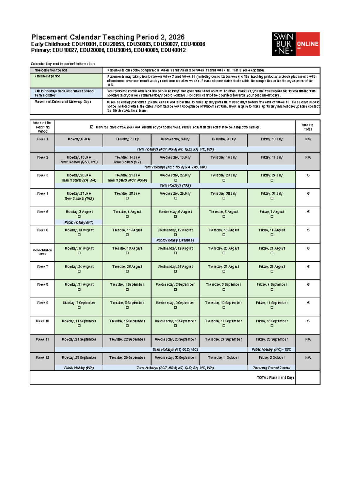 2026 TP2 Placement Calendar: Key Dates & Info for Early Childhood - Studocu