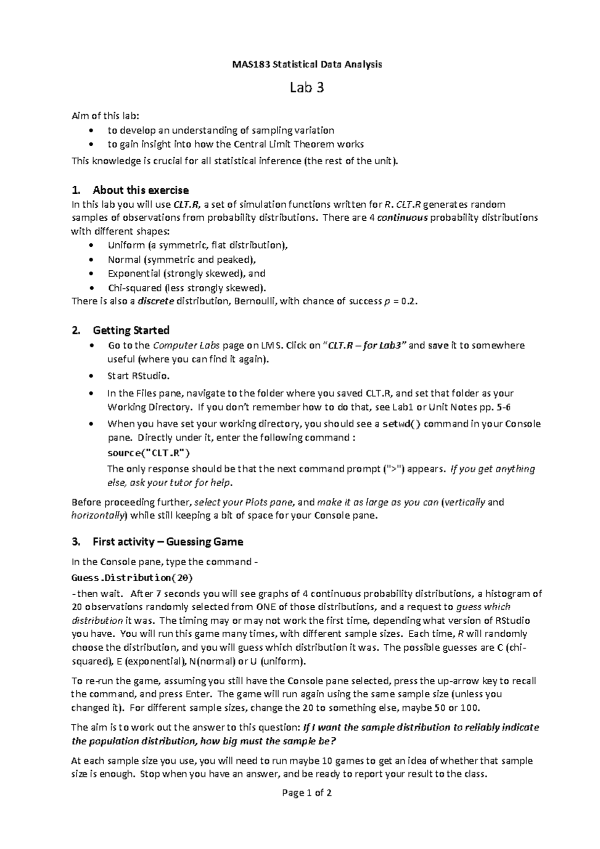Lab 3 - Lab work, R-studio - Page 1 of 2 MAS183 Statistical Data ...