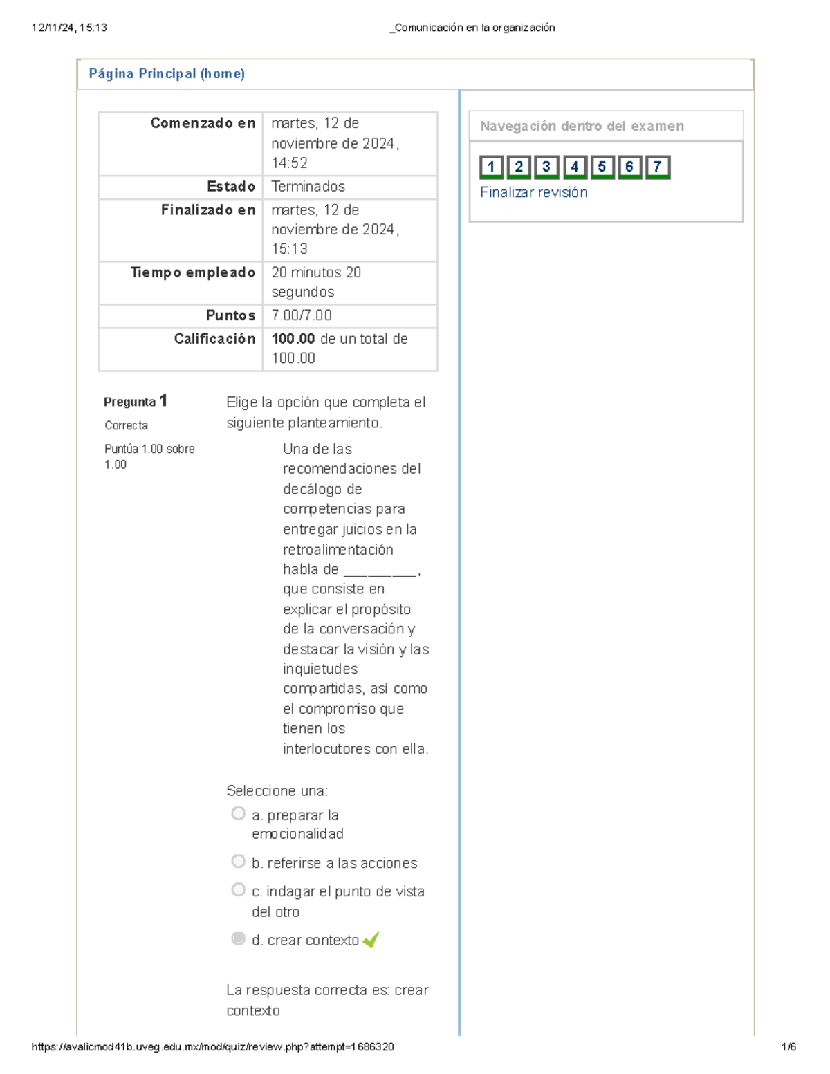 EA7 Comunicación en la Organización: Examen Final y Respuestas Correctas - Studocu