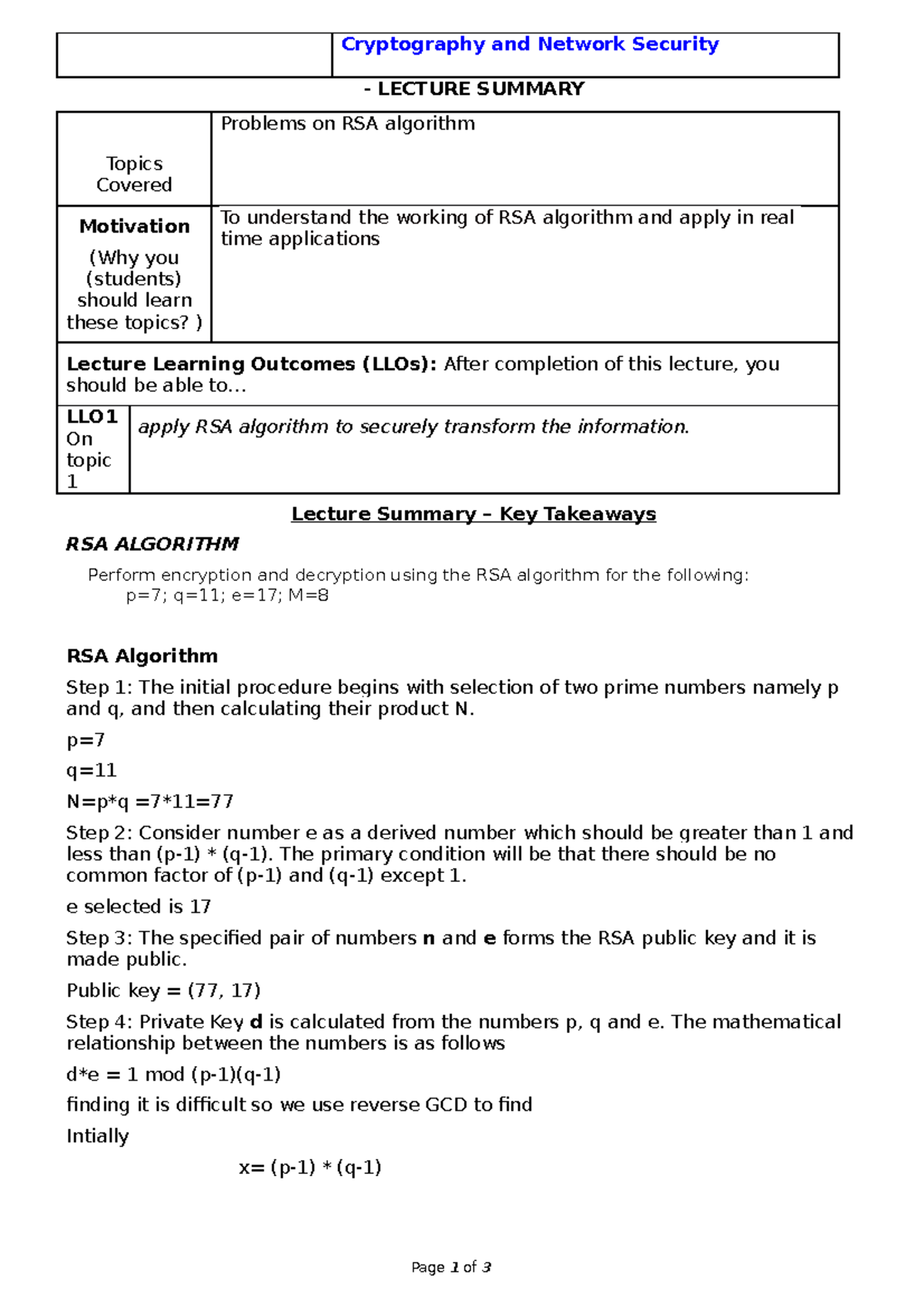 Problems On Rsa Algorithm Cryptography And Network Security Lecture